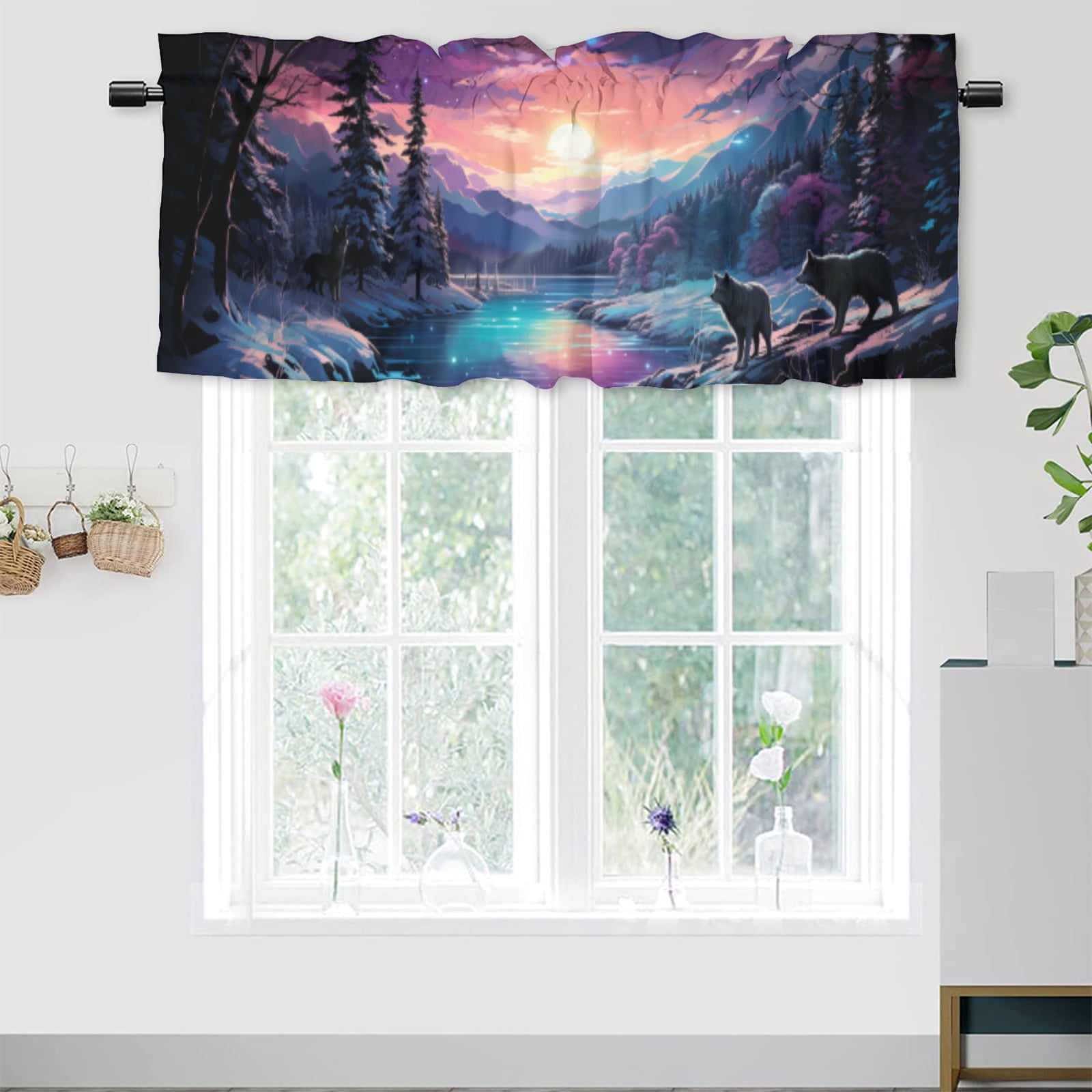 Wolf Window Curtain Valances Magical Starry Night Moon Star Purple ...