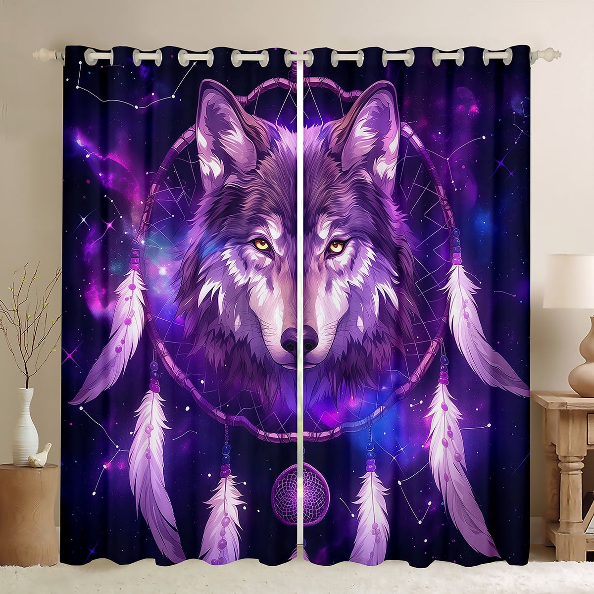 Wolf Window Curtains Drapes,Boho Dream Catchers 30%-50% Blackout ...