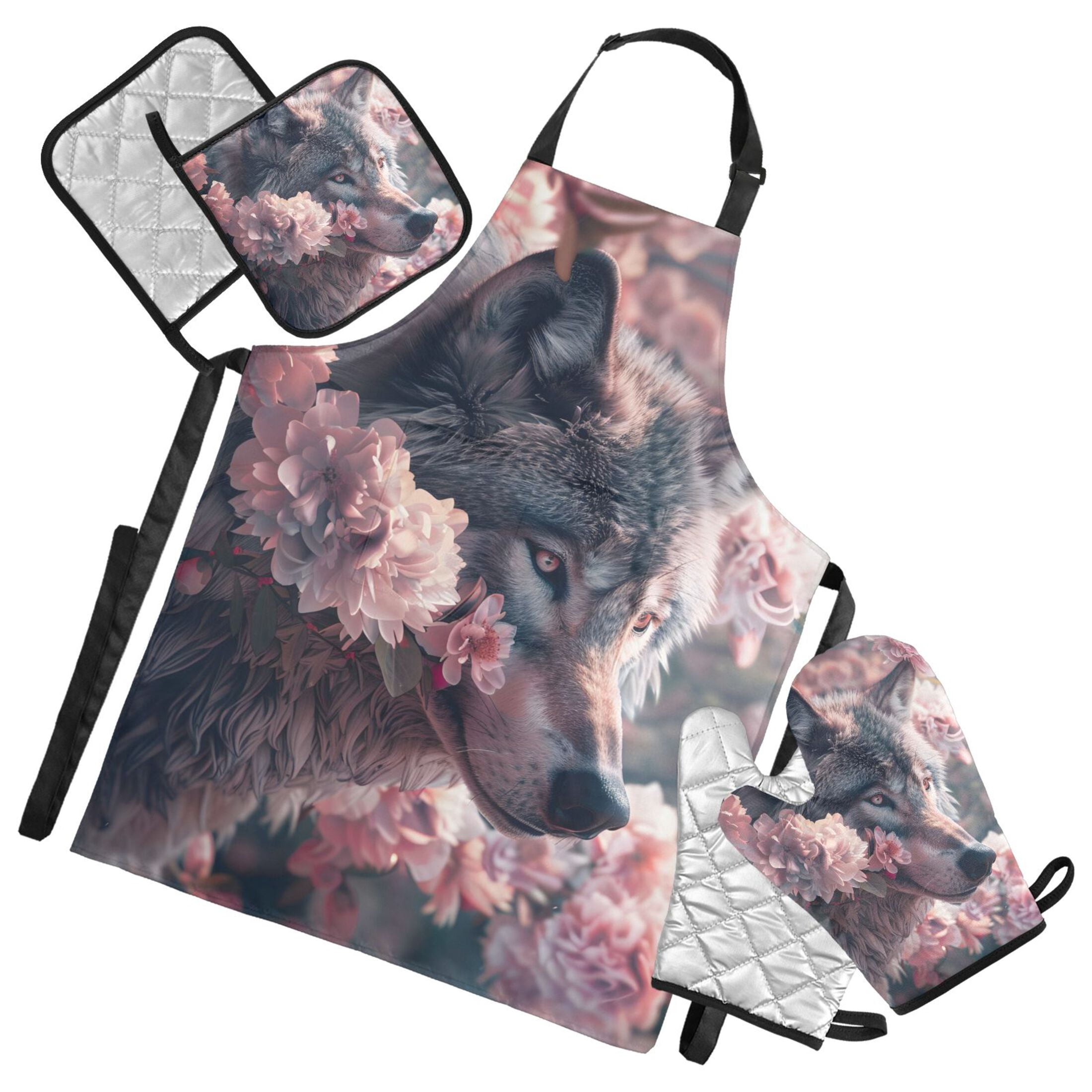 Wolf and Cherry Blossoms 5 Pcs Kitchen Set Heat Resistant Oven Mitts ...