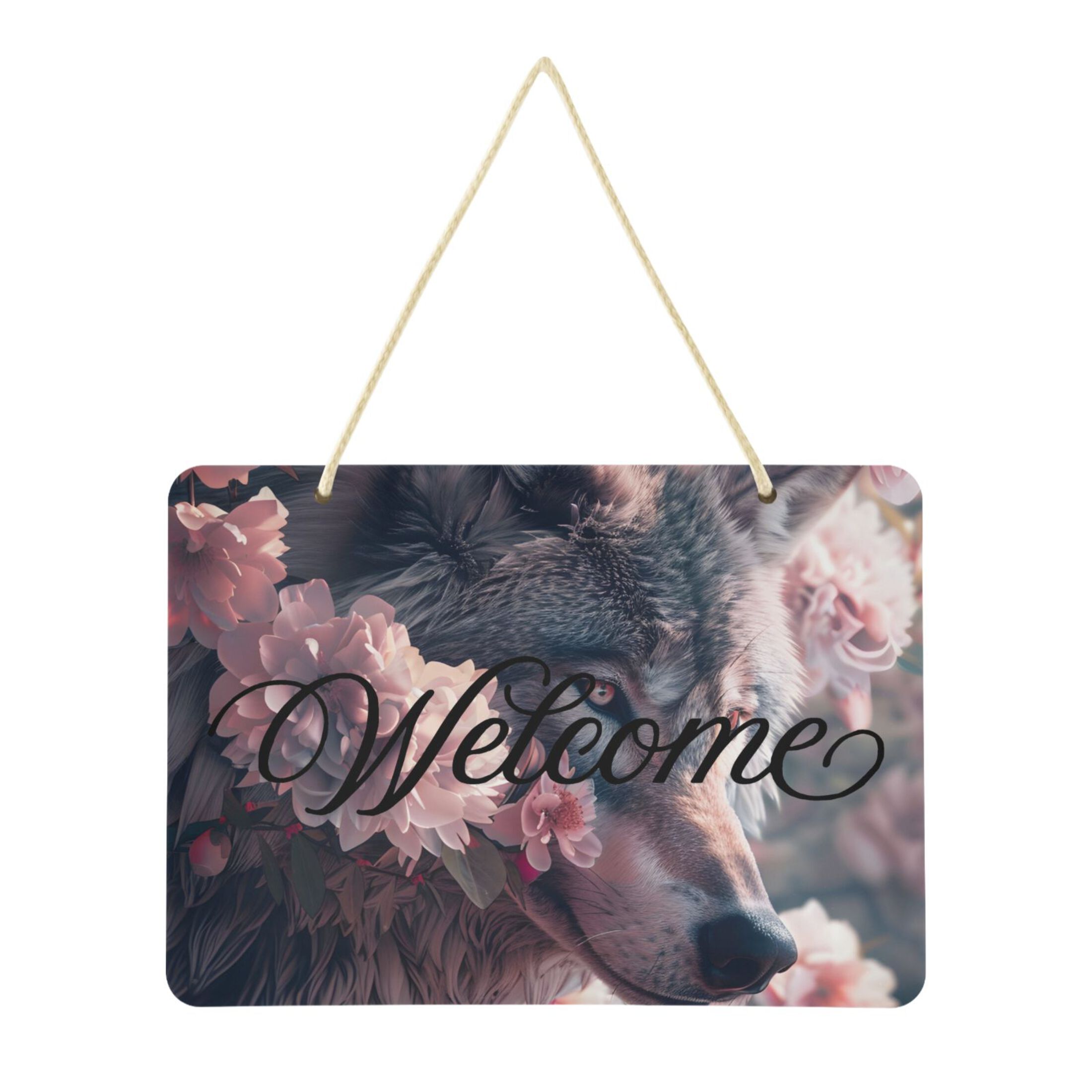 Wolf and Cherry Blossoms Welcome Sign Front Door PVC 14x10 inch Hanger ...
