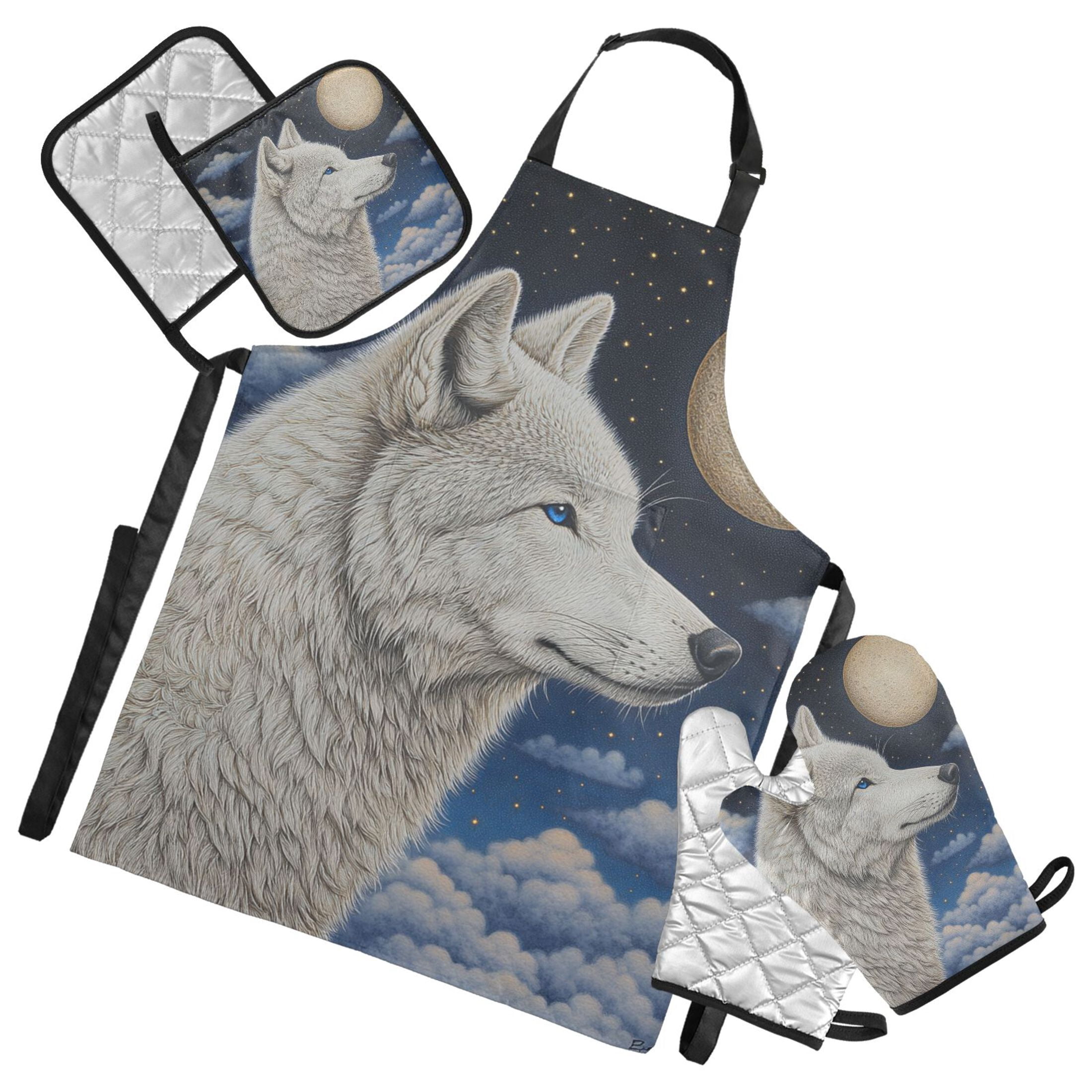 Wolf and Moon Art Oven Mitts and Pot Holders with Chef Apron Set 5 Pcs ...