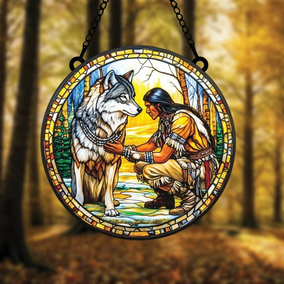 Wolf and Warrior Suncatcher in Autumn Forest, Spirit Animal Acrylic ...