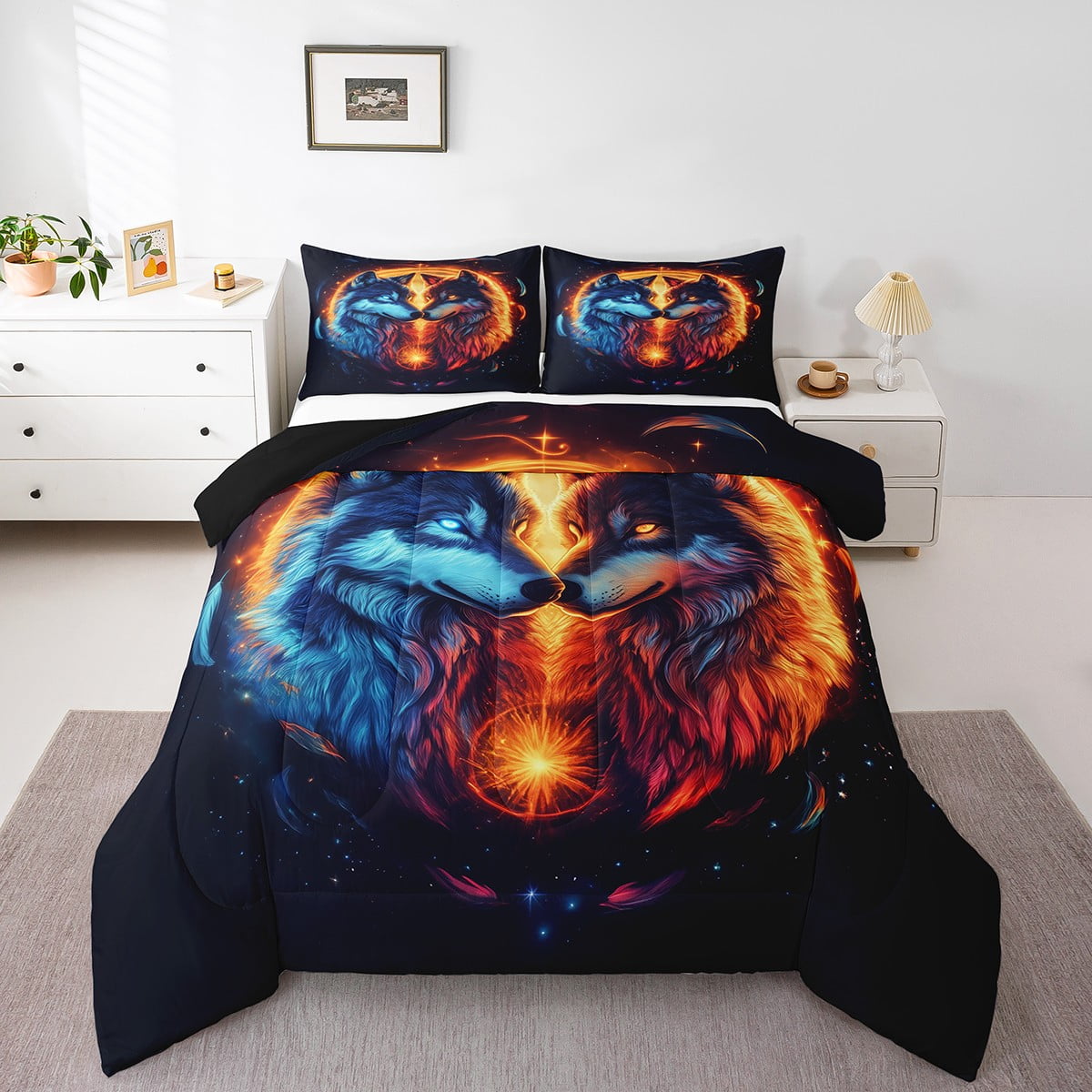 Wolf Bedding Set,Outer Space Glitter Queen Comforter Set Feather Starry ...