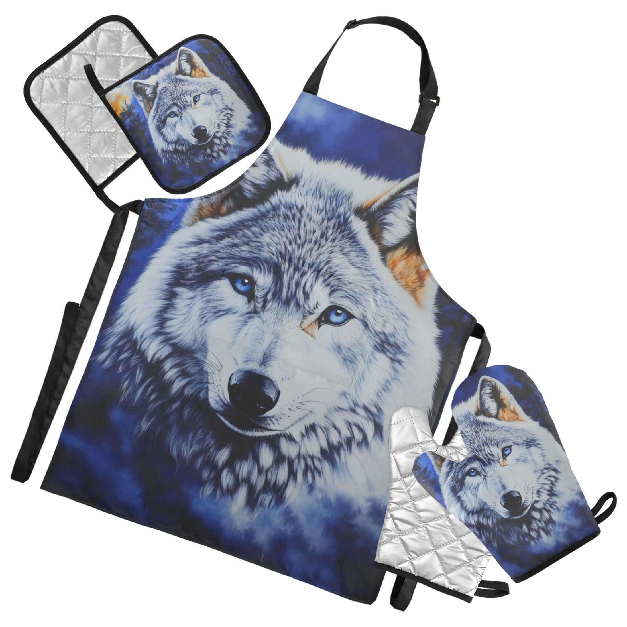 Wolf in Misty Back Oven Mitts and Pot Holders with Chef Apron Set 5 Pcs ...