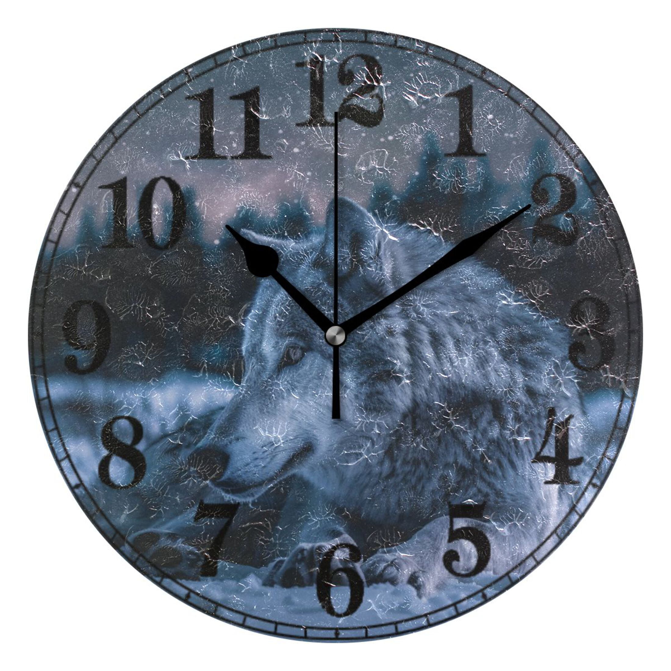Wolf in Night Sky Silent Wall Clock 10" Non-Ticking Battery Clock ...