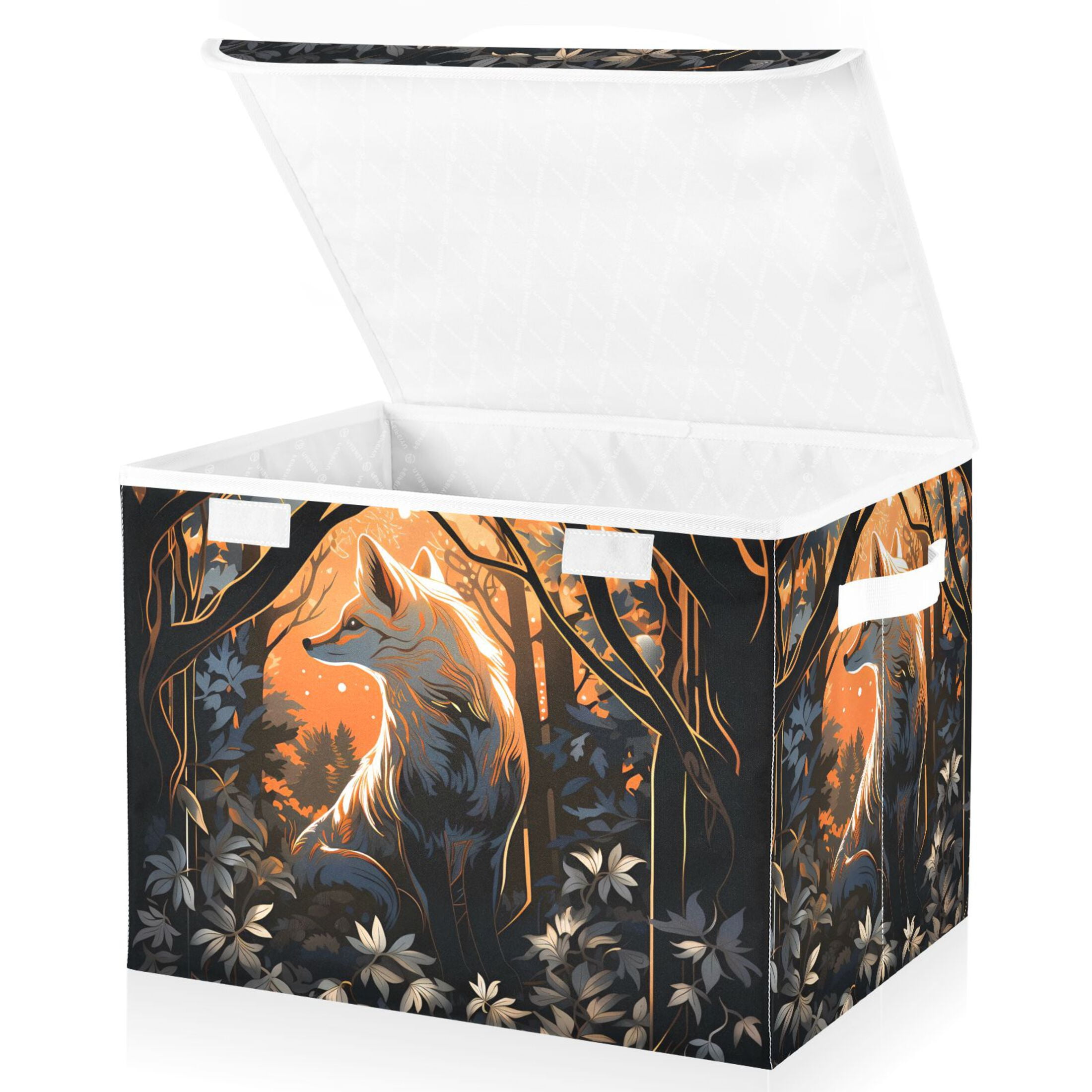 Wolf on Forest Flowers Large Lidded Bin Foldable Storage Baskets Boxes ...