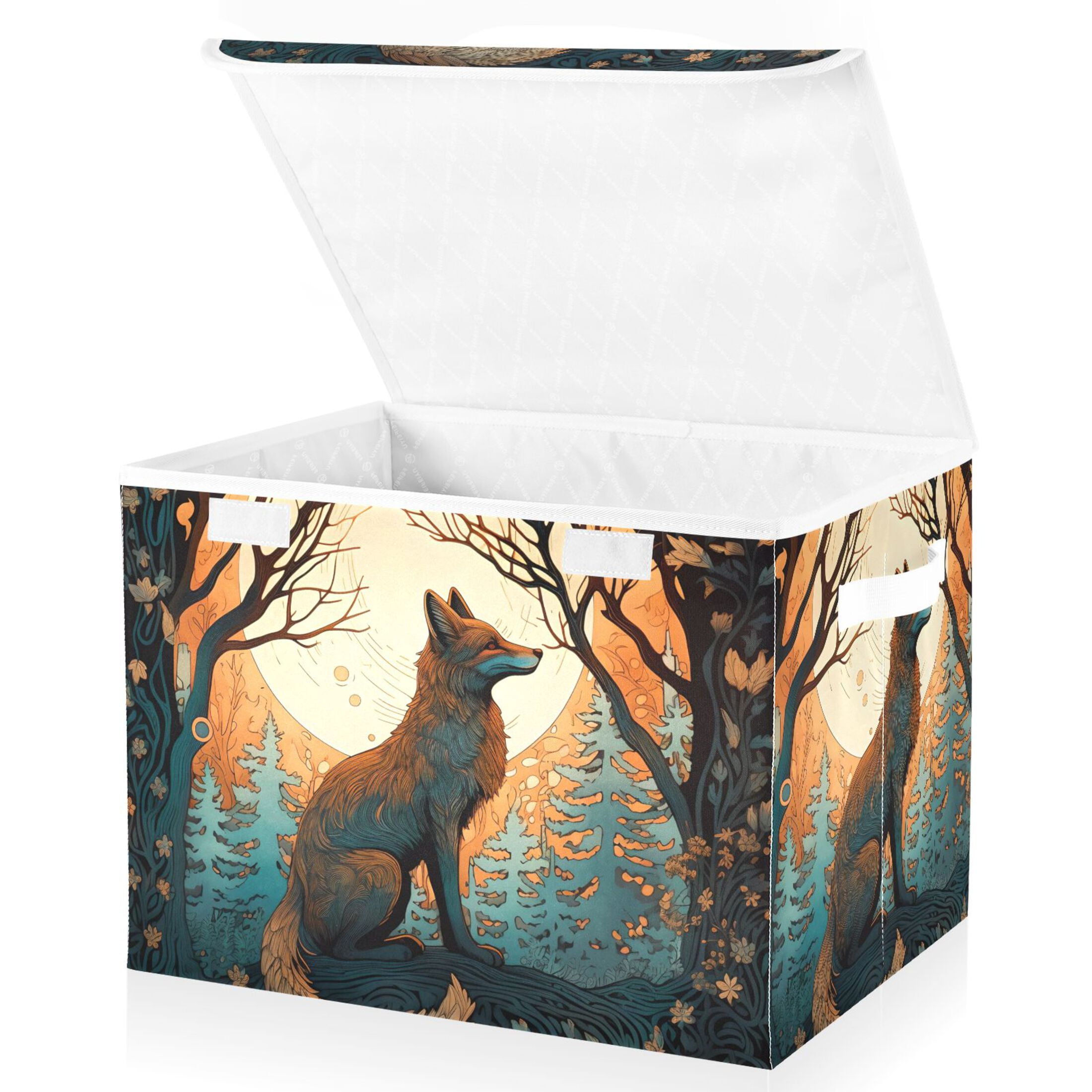 Wolf on Forest and Flowers Large Lidded Bin Foldable Storage Baskets ...