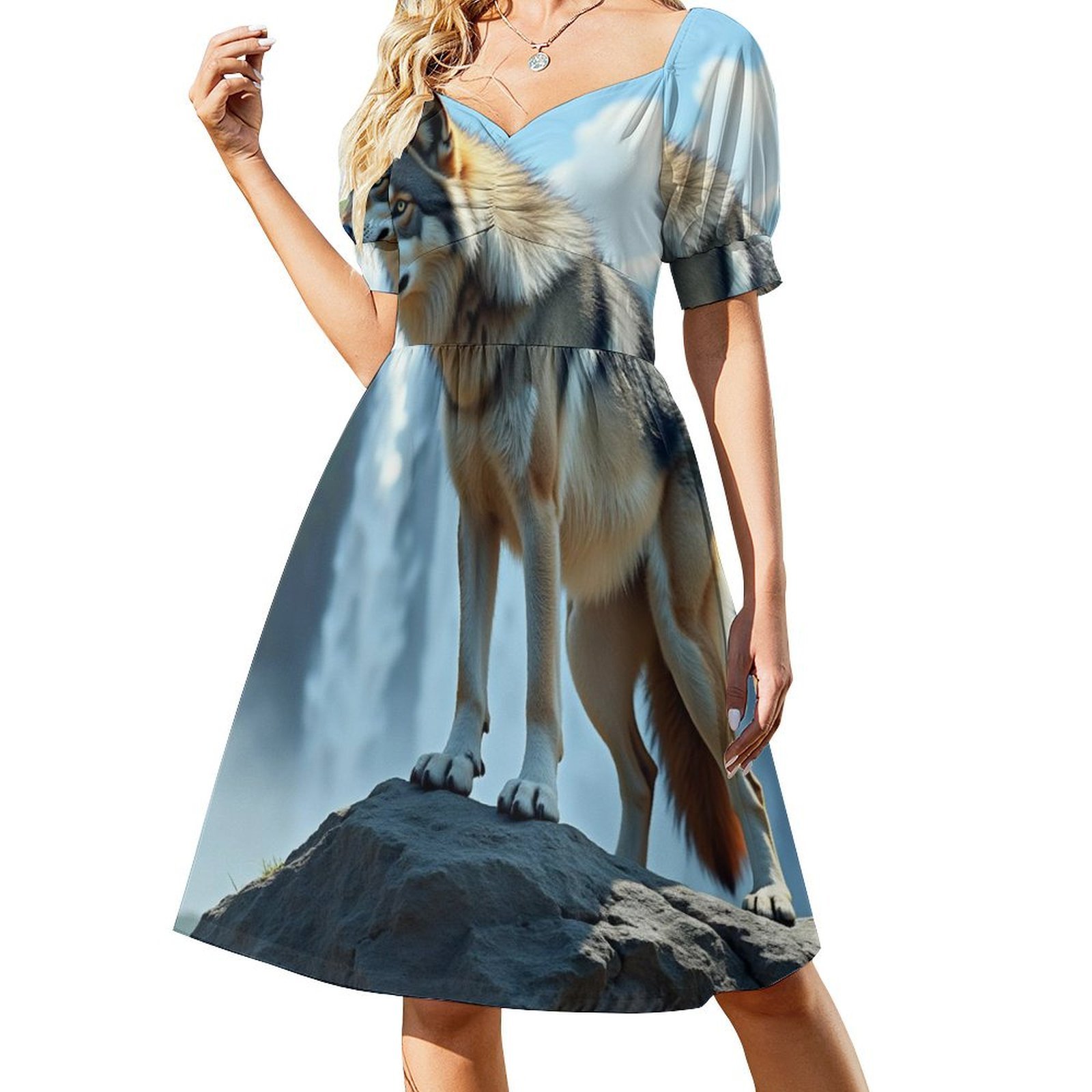 Wolf on Rock by Waterfall Short Sleeve Dress Clothes Women's Summer ...