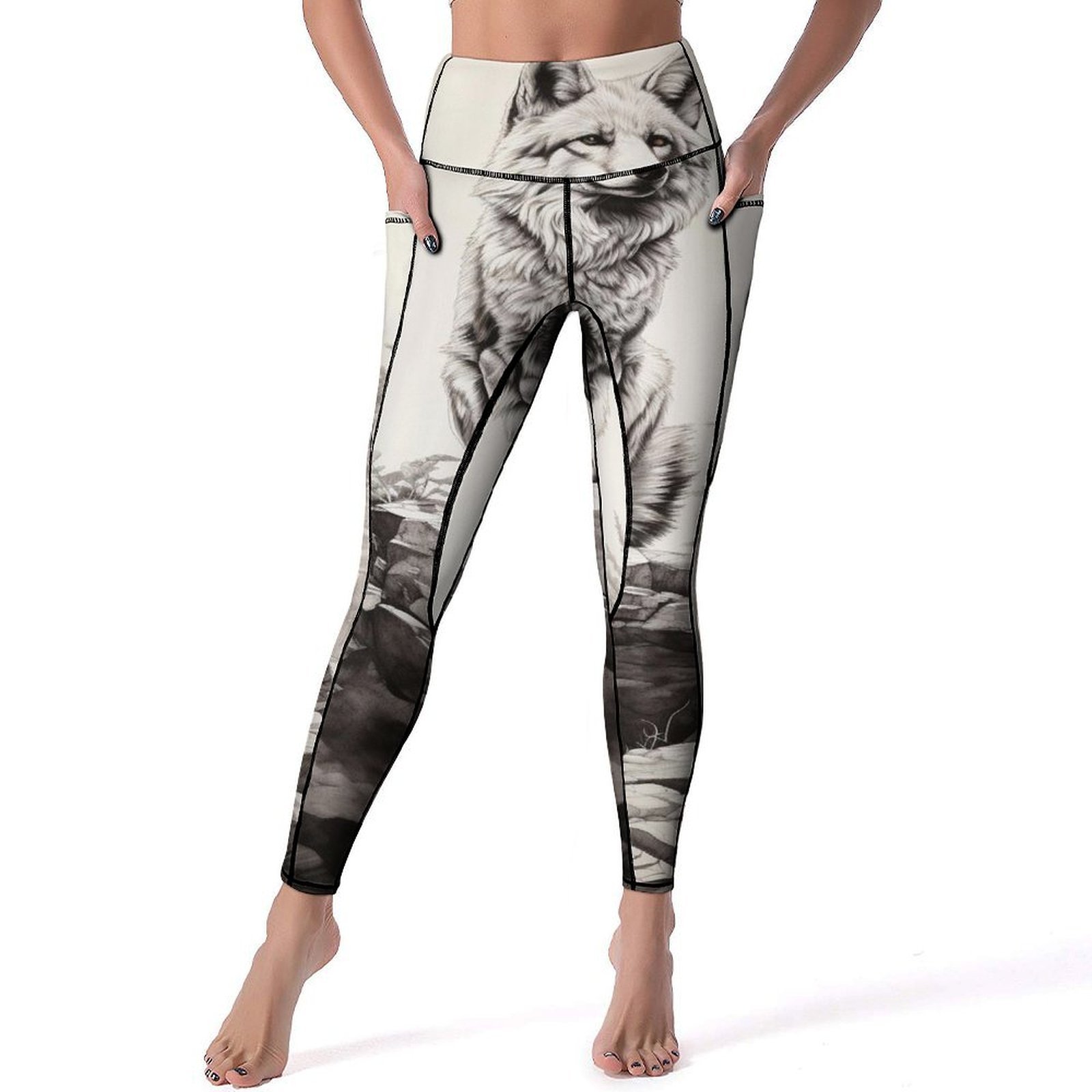 Wolf on Rocky Cliff Leggings Fitness Gym Yoga Pants High Waist Stretch ...