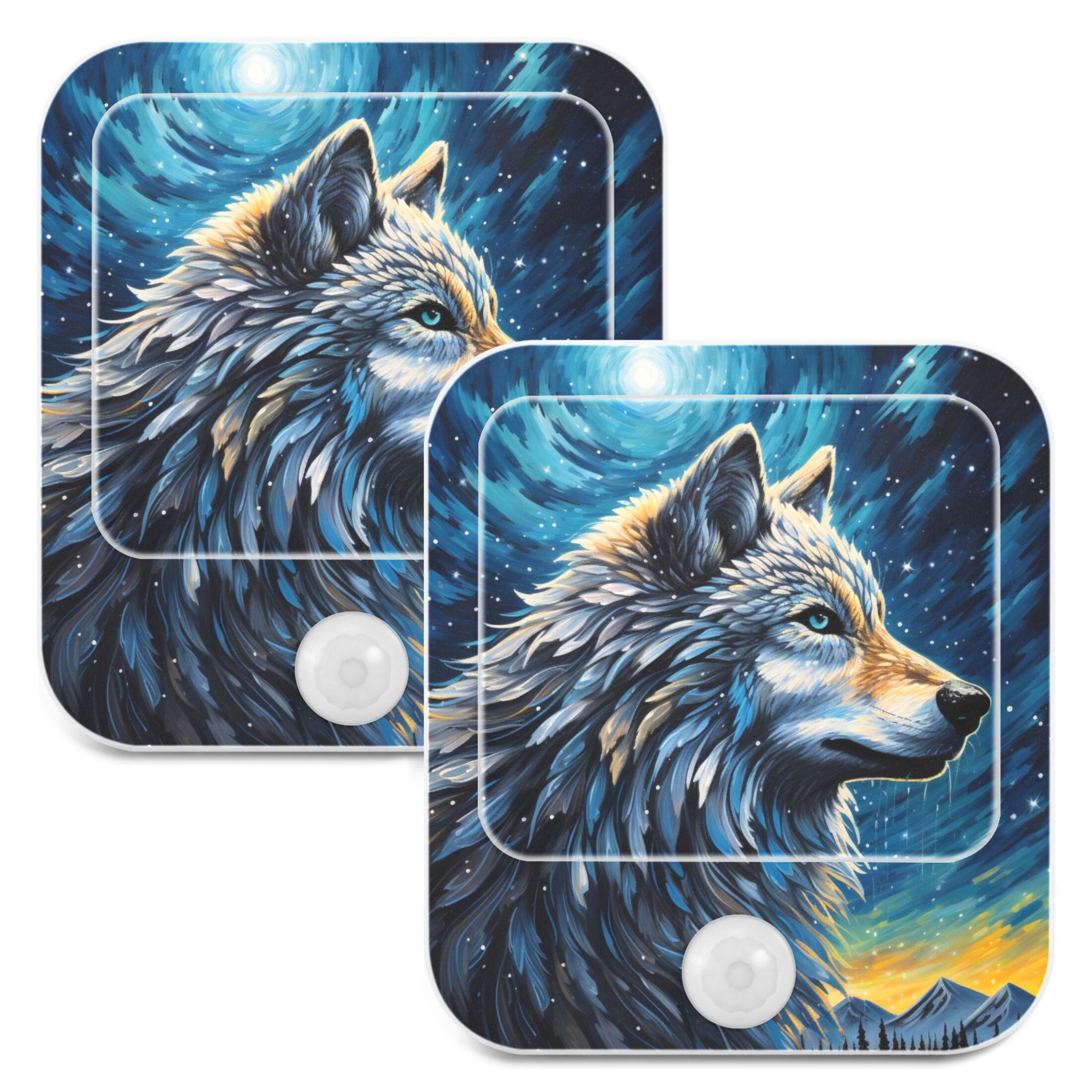 Wolf under Night Sky LED Motion Sensor Night Light 2 Pcs Plug-in Wall ...