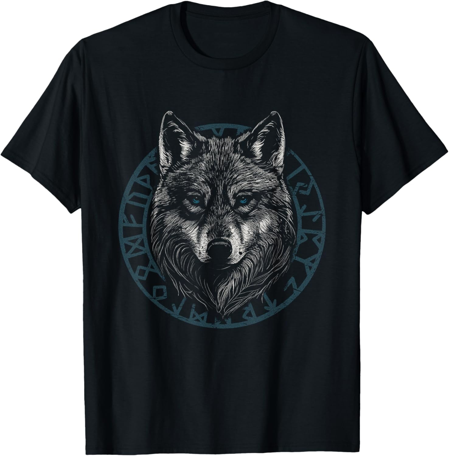 Wolf with Blue Eyes Viking Runes Animal Graphic T-Shirt Tops Tee ...