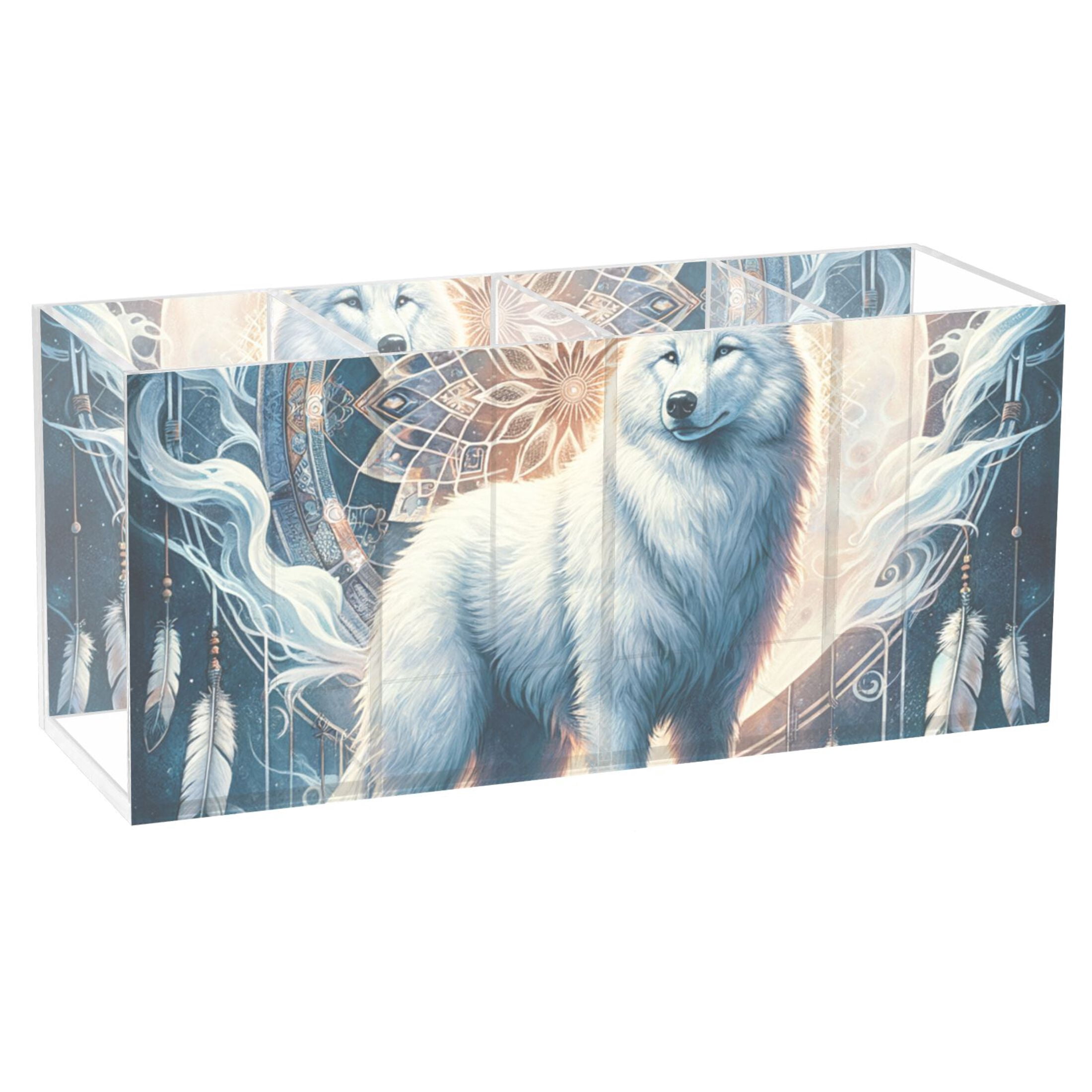 Wolf with Bright Moon Acrylic Pencil Pen Holder Cup 4 Compartments ...