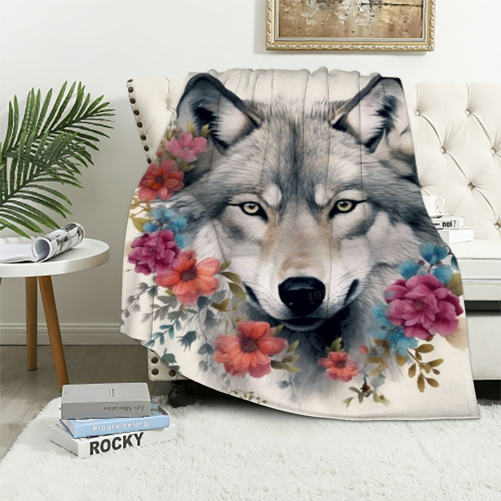 Wolf with Flowers Blanket Super Soft Plush Wolf Blanket for Bed Sofa ...