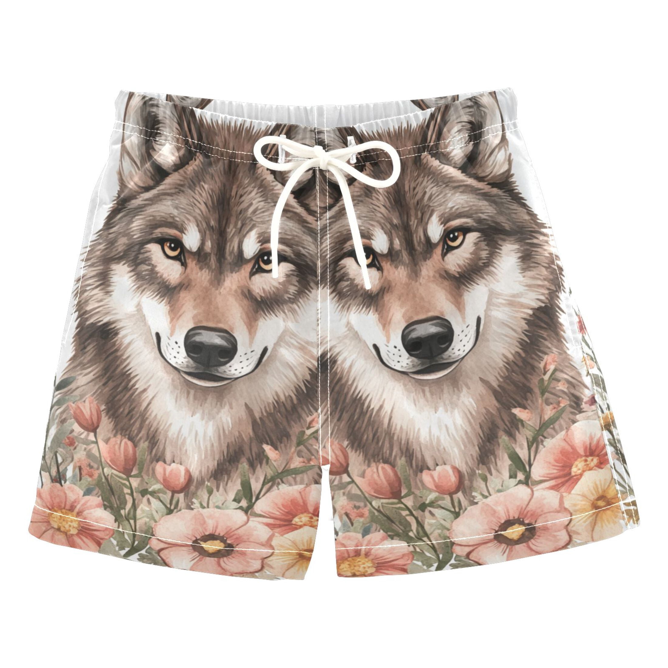 Wolf with Flowers Leaves Watercolor Boys' Swim Trunks Board Shorts ...