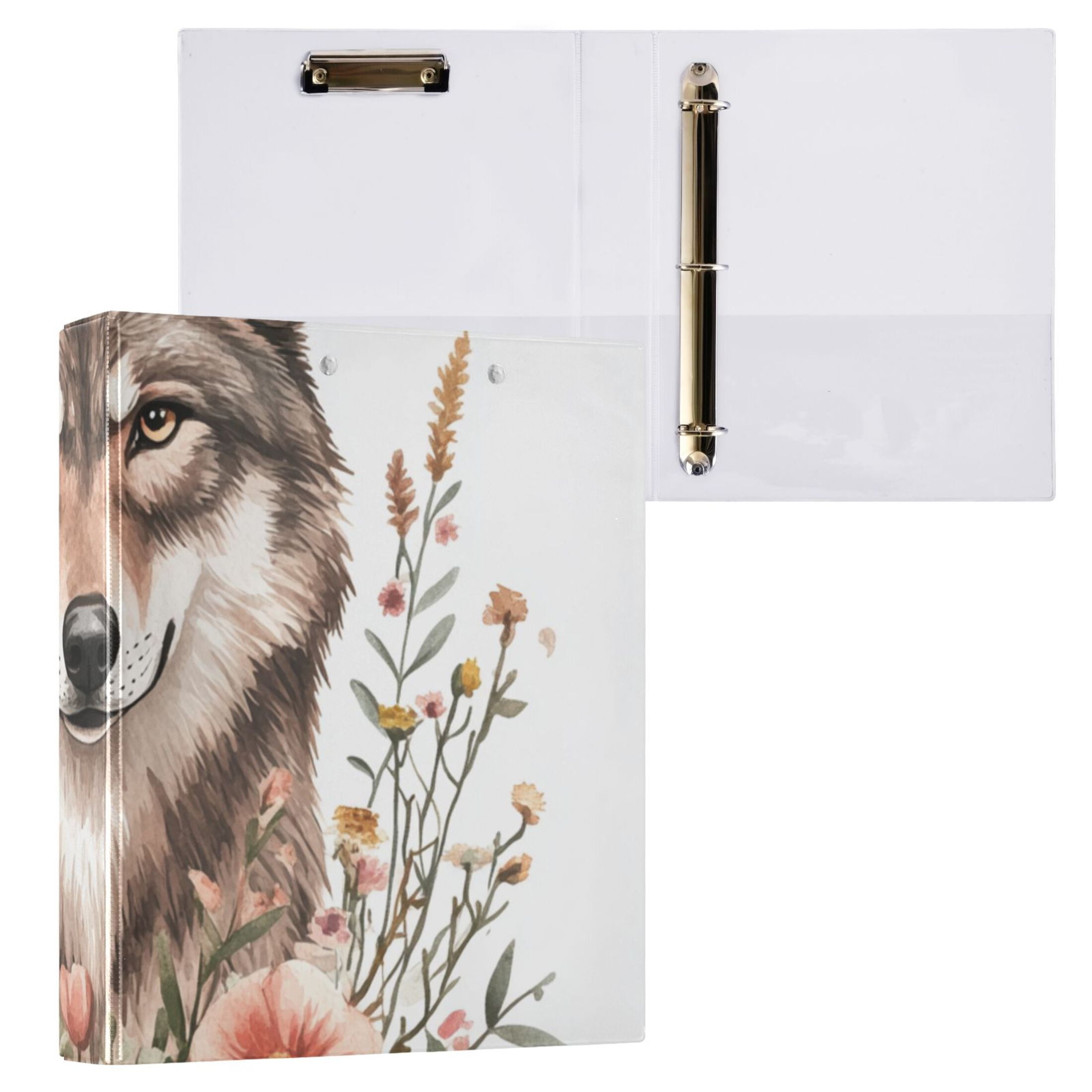Wolf with Flowers Leaves Watercolor Round Ring Binder 3 Rings 1.5 ...
