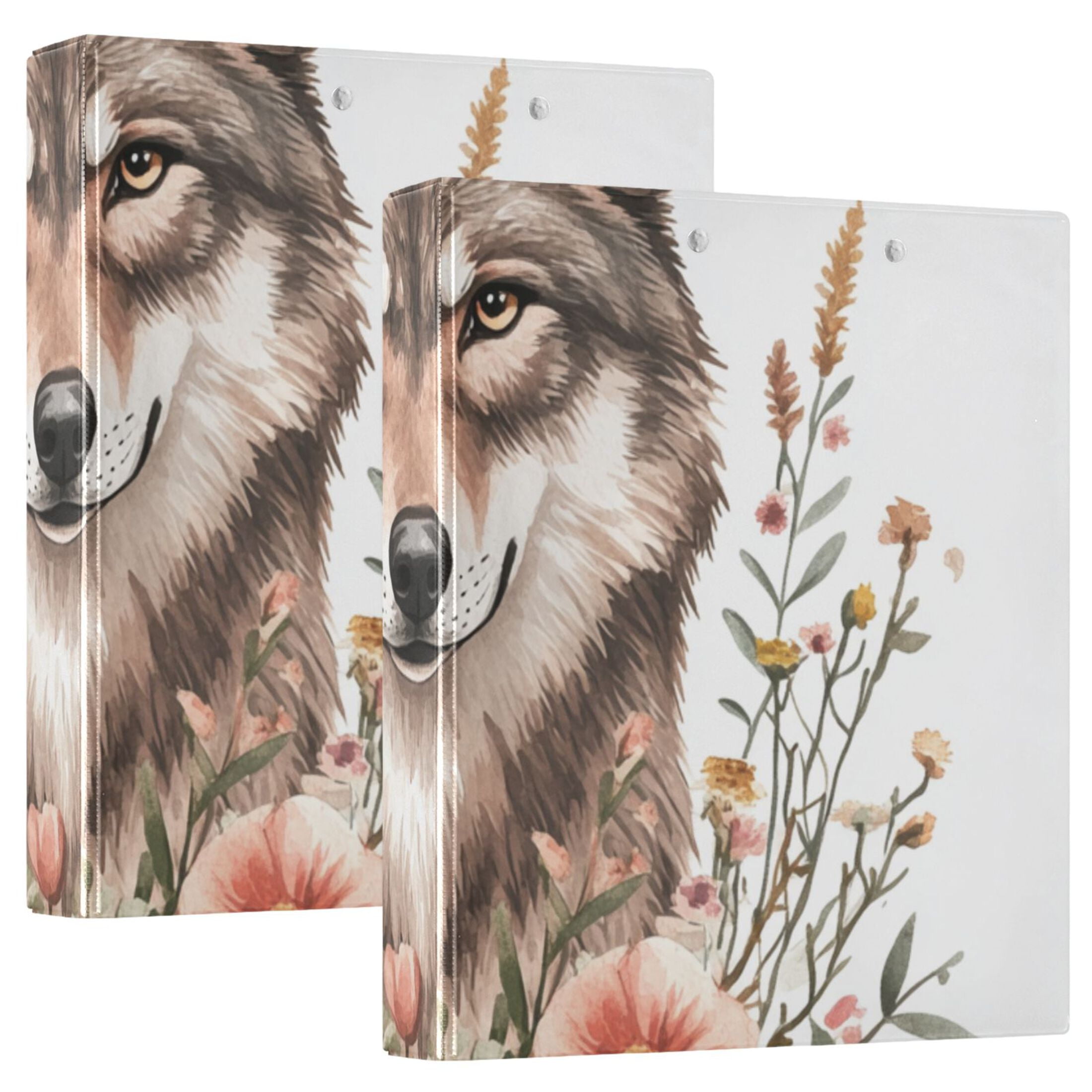 Wolf with Flowers Leaves Watercolor Round Ring Binder 3 Rings 1.5 ...