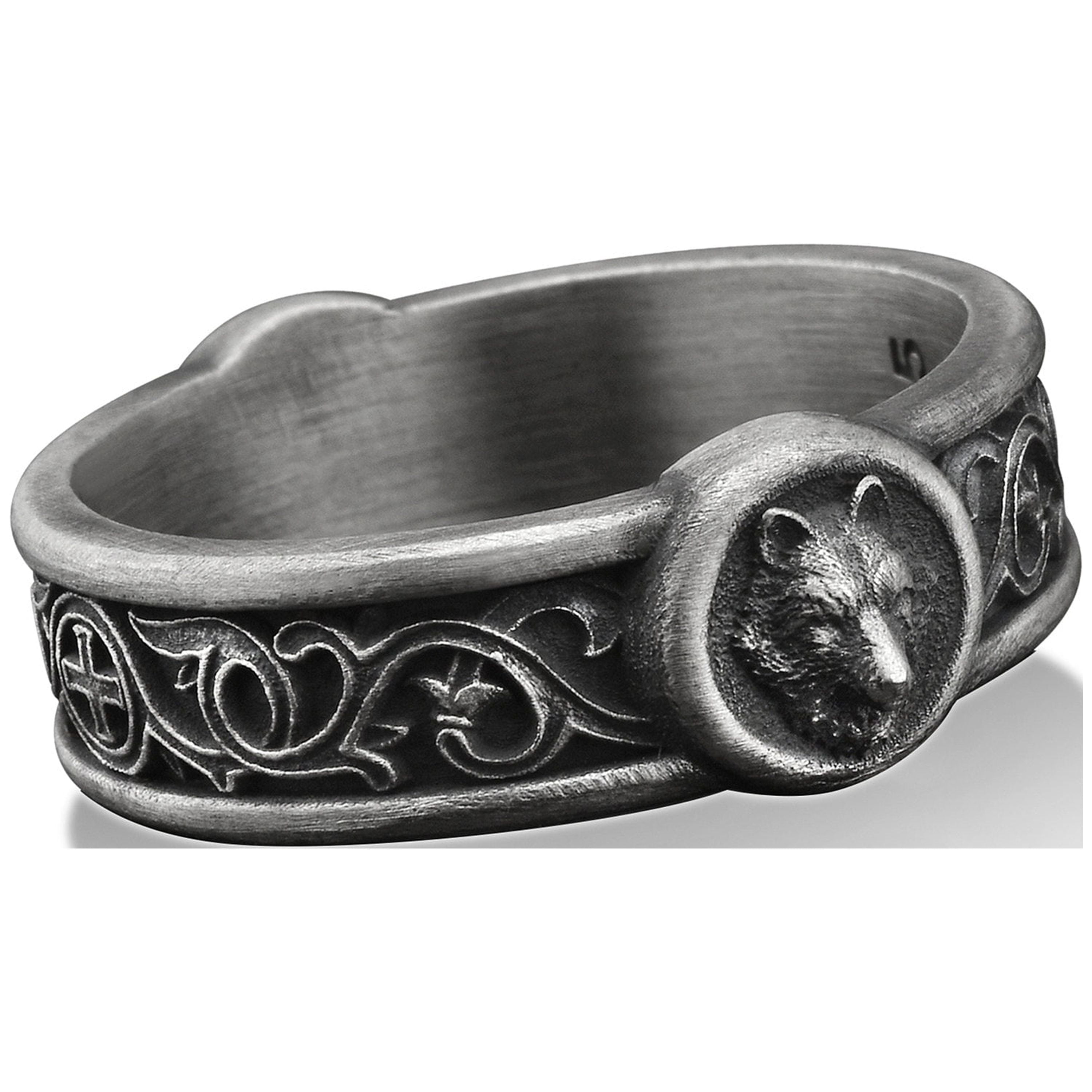 Wolf with Lily Motifs Handmade Sterling Silver Men Band Ring, Viking ...