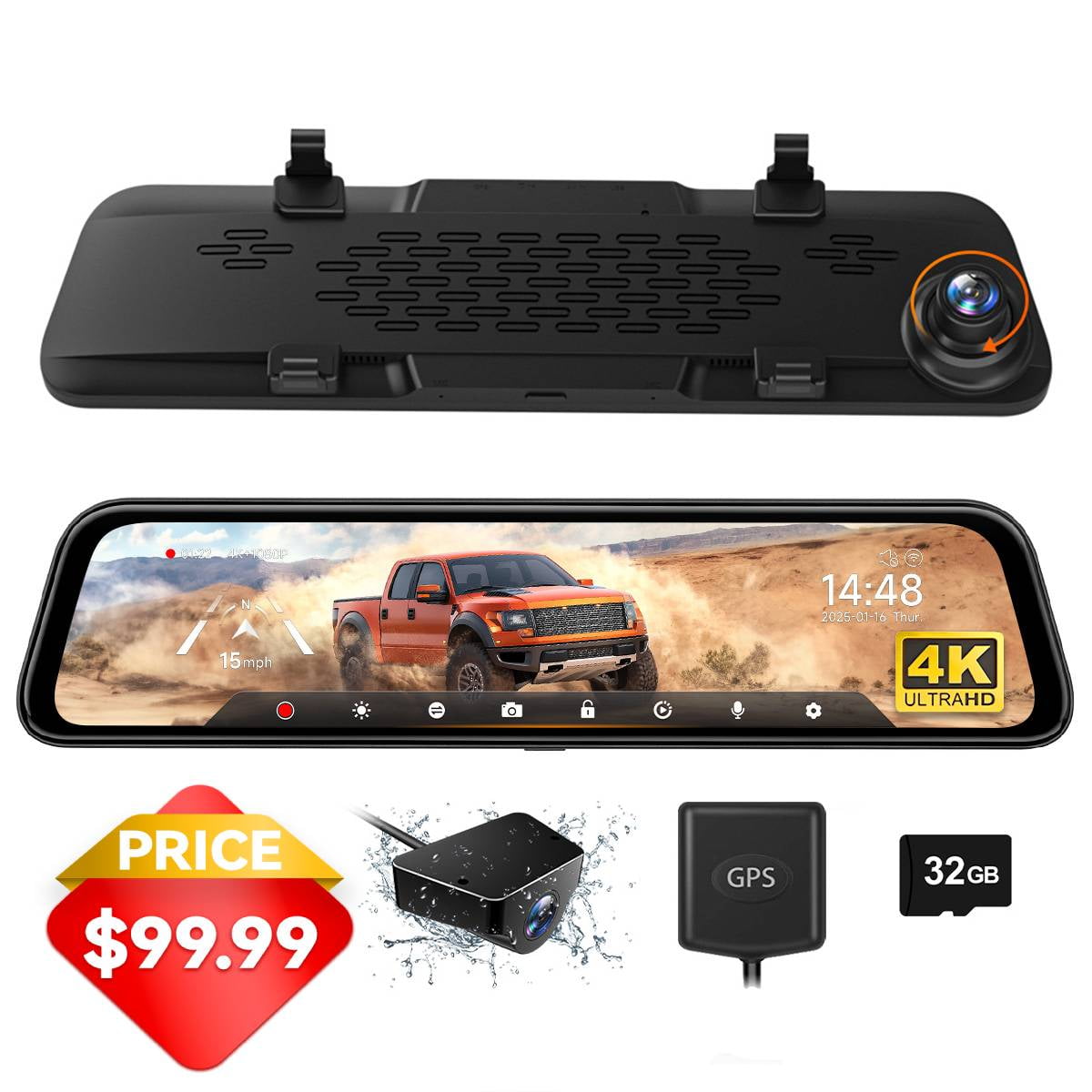 "WOLFBOX 4K Front/1080P Rear Dash Cam, 12"" Rearview Mirror, Night ...