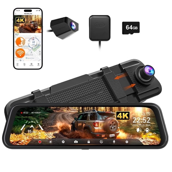 WolfBox, Mirror Dash Cam, 12 inch 4K Front Rear Night Vision WiFi GPS ...