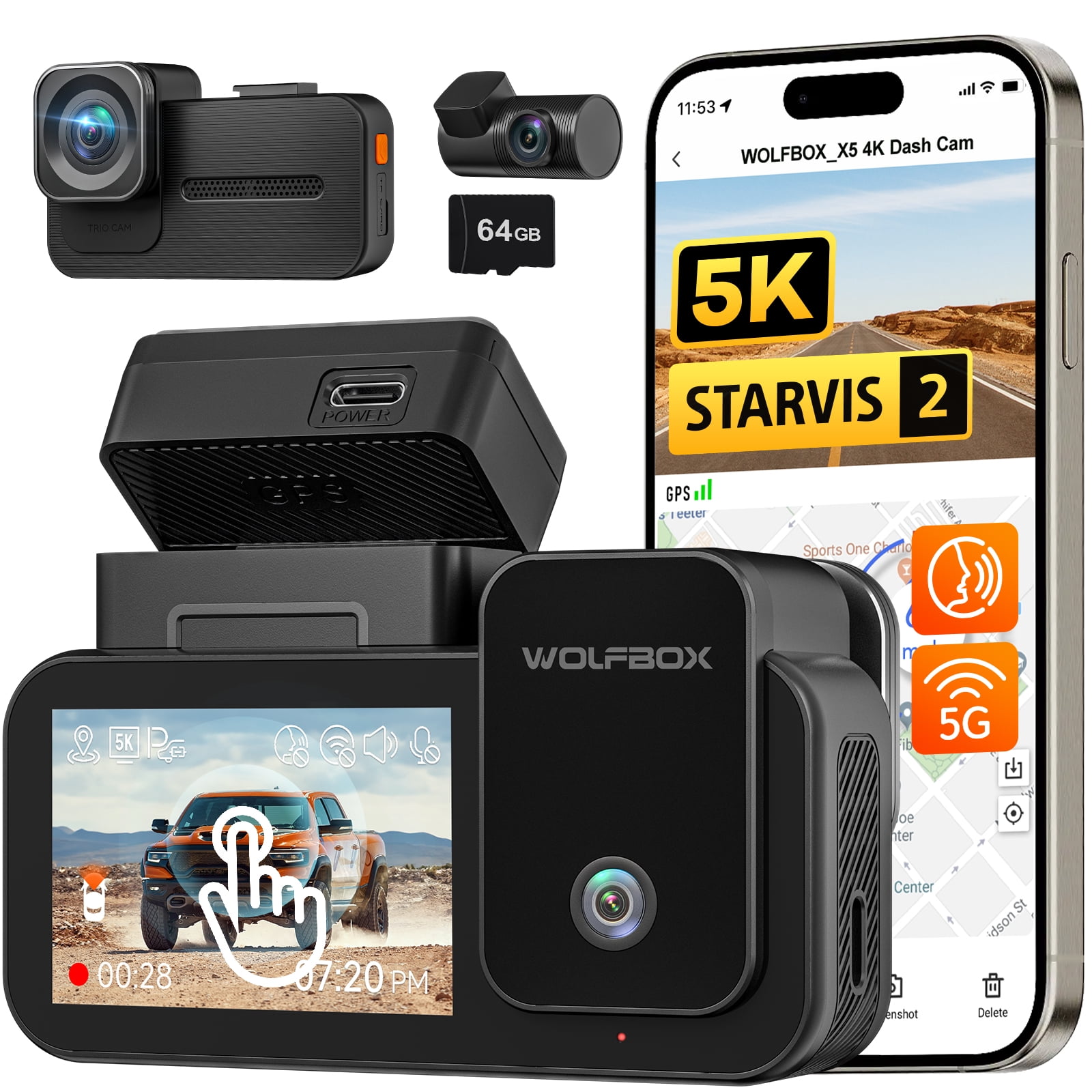 WolfBox X5 3 Channel Car Dash Cam, 4K Front+1080P Inside+2.5K Rear ...