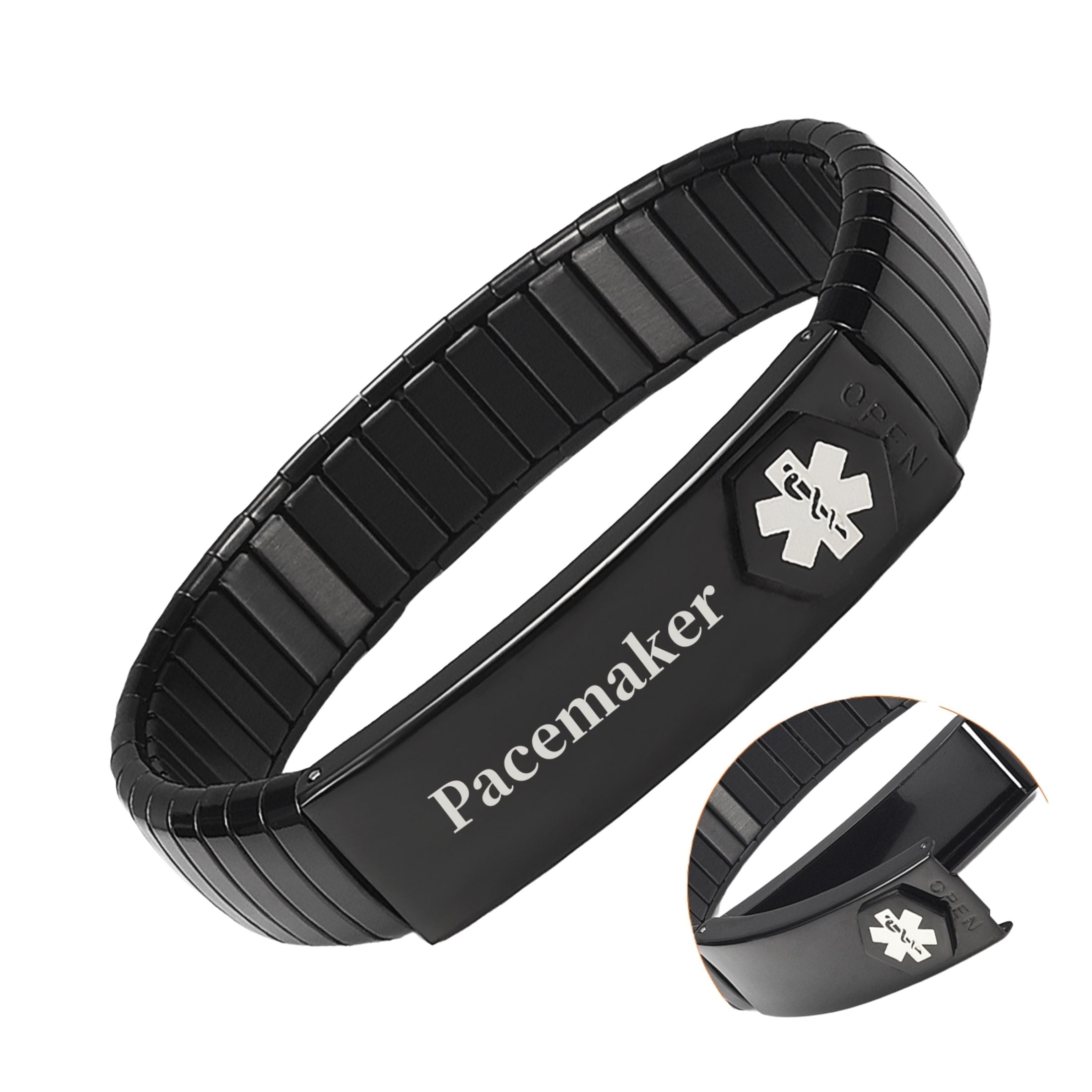 Magnetia Black Stainless steel Stretch Pacemaker Medical Alert Bracelet ...