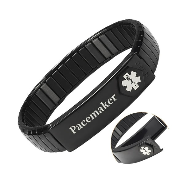 Magnetia Black Stainless steel Stretch Pacemaker Medical Alert Bracelet ...