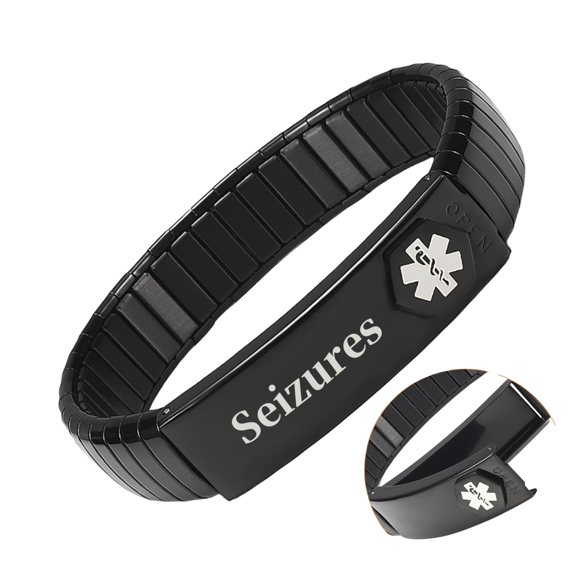Wollet Black Stainless steel Stretch Seizures Medical Alert Bracelet ...