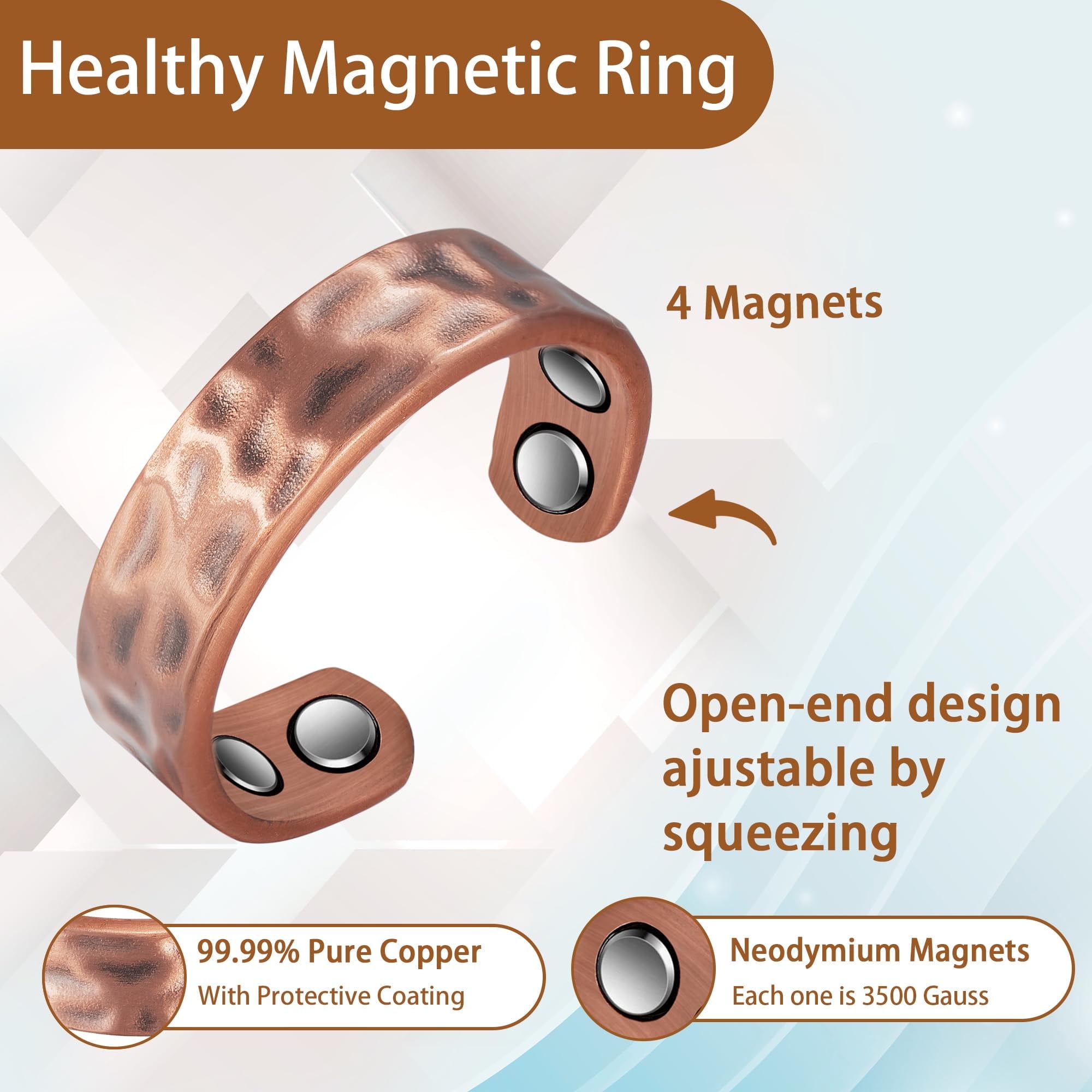 Magnetia Copper Magnetic Ring for Women, Open Cuff Finger Rings with 4 ...