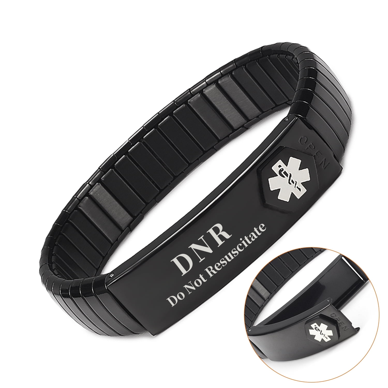 Magnetia Elastic Black Medical Alert Bracelets for Men, Pre-Engraved ...
