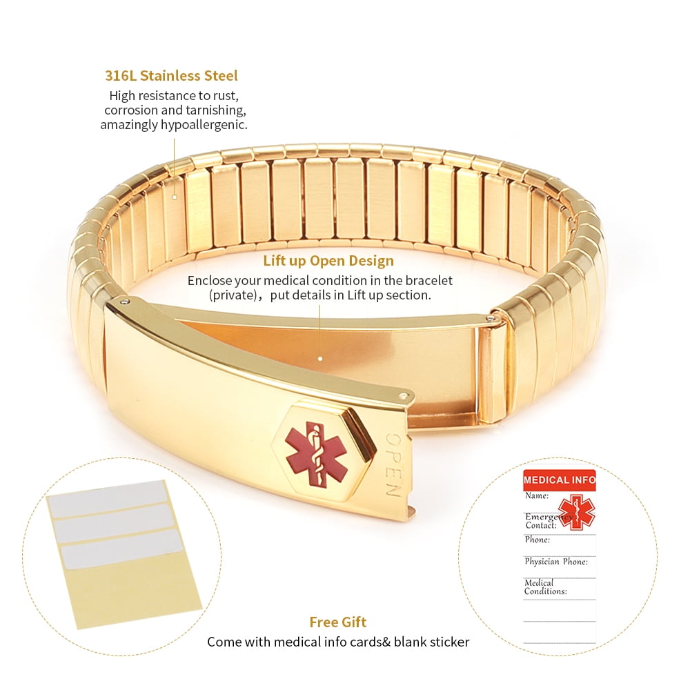 Wollet Gold Medical Alert Bracelet, 7 '' Stainless Steel Stretch ID ...