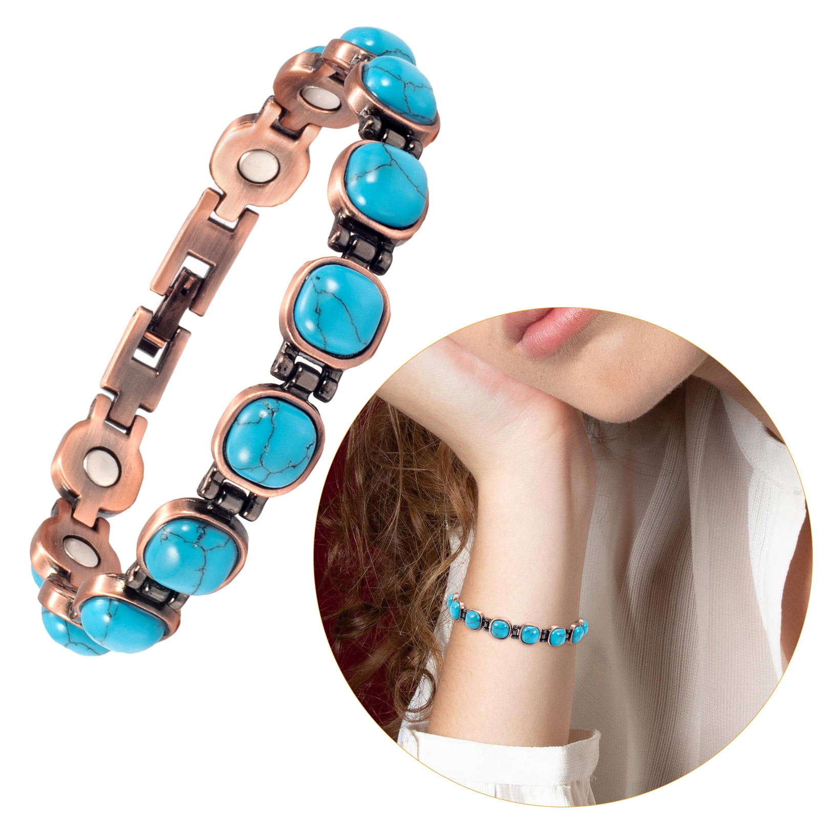 Wollet Pure Copper Bracelet for Women, 7.48'' Adjustable,Blue Turquoise ...