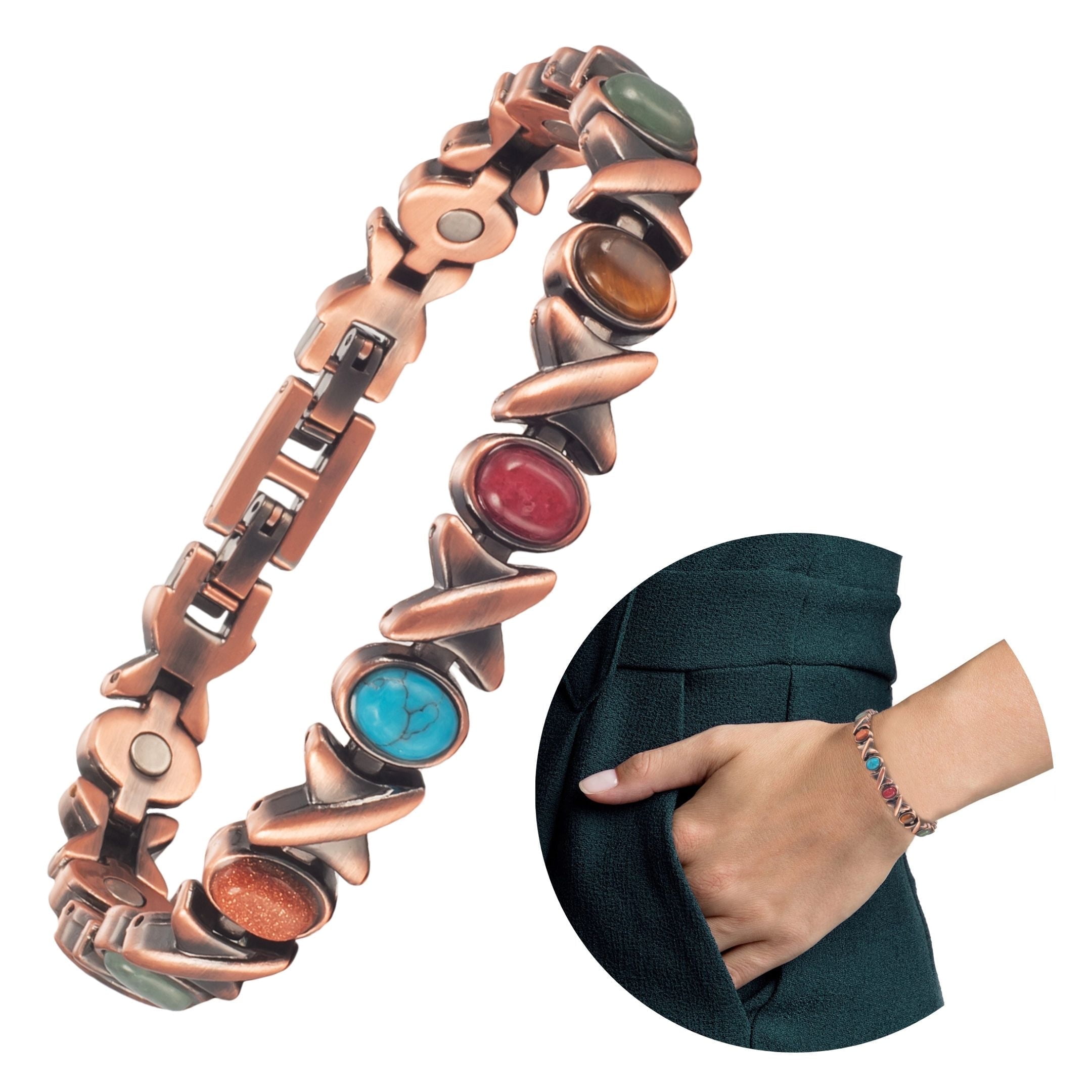 Wollet Women's Pure Copper Magnetic Bracelet with 10 Turquoise Stones ...