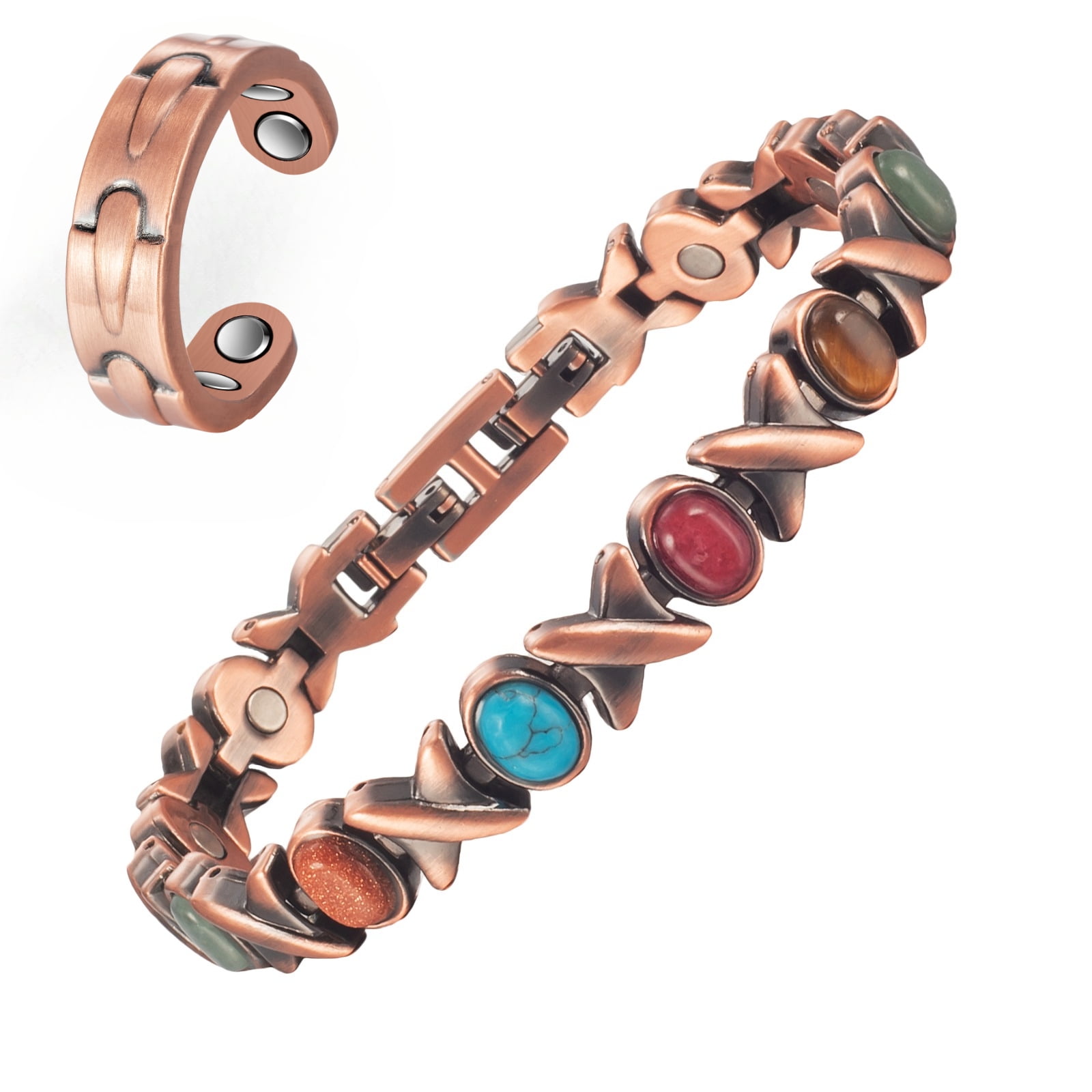 Wollet Women's Pure Copper Magnetic Bracelet with 10 Turquoise Stones ...