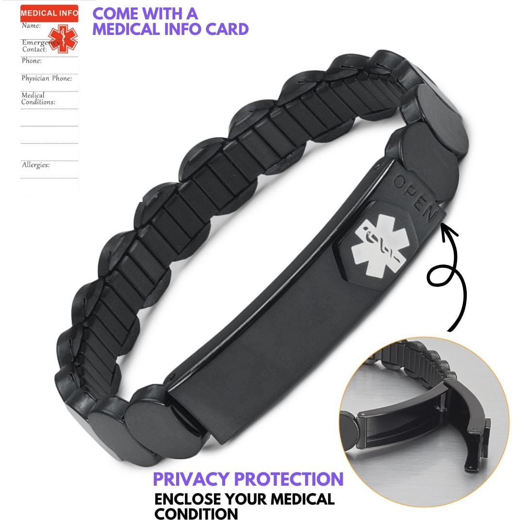 Wollet Stretchable Black Medical Alert ID Bracelets for Men, 8.26 ...