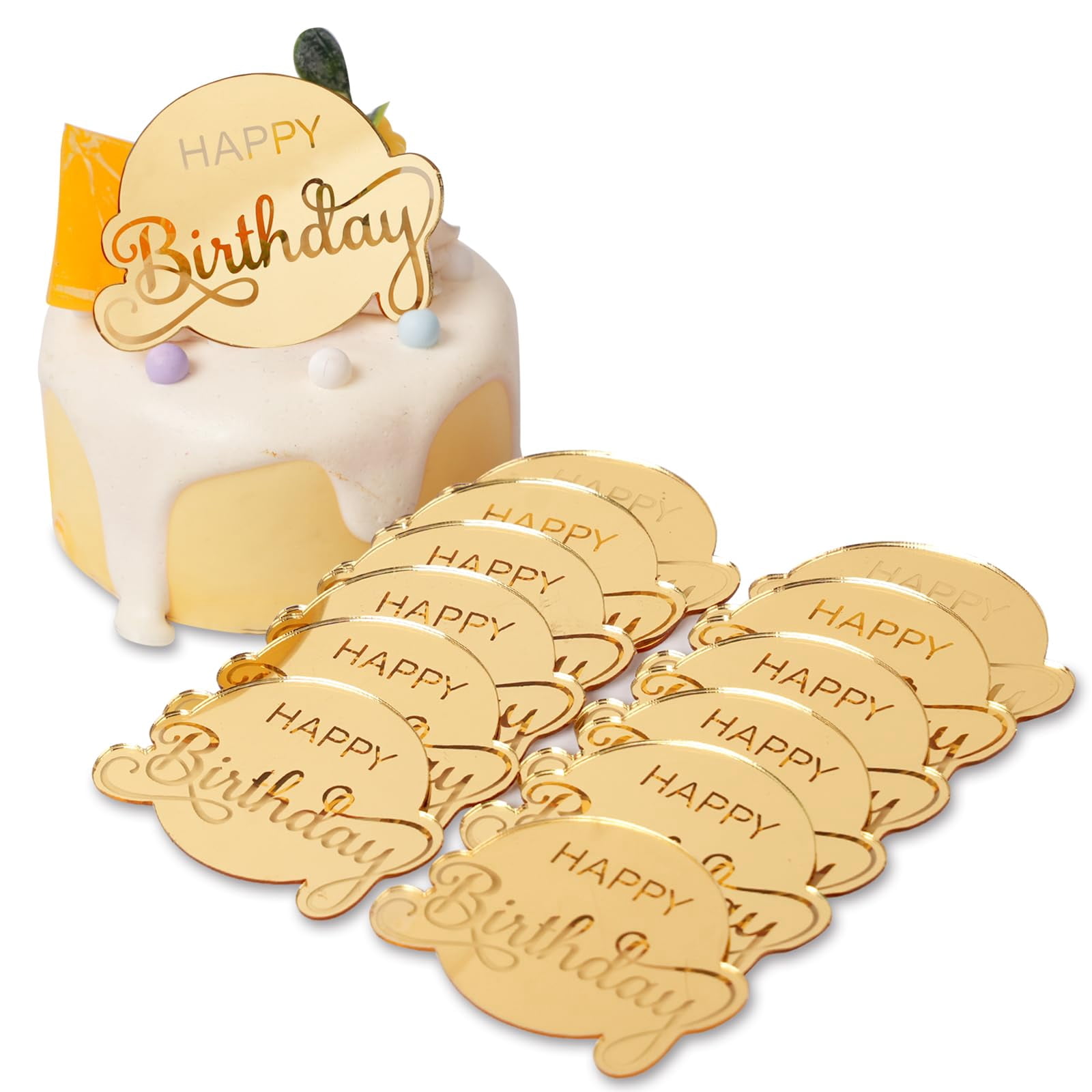 Wolpark 20 PcsUMRT Mirror Acrylic Cupcake Toppers Gold Happy Birthday ...