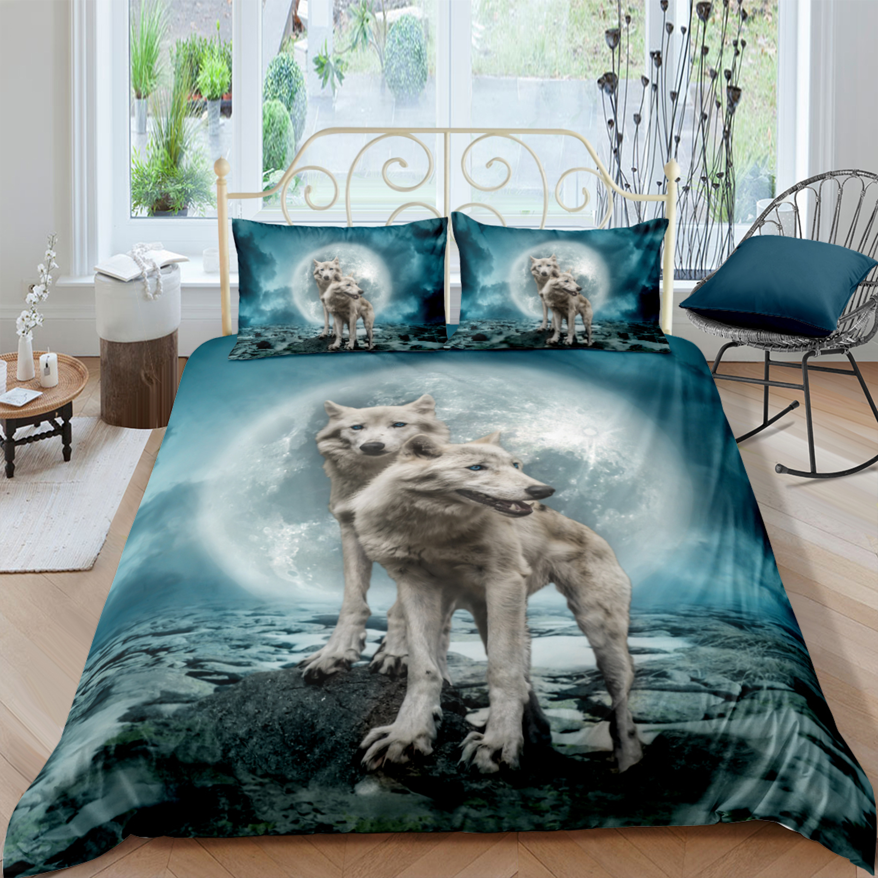 Wolves Bedding Set Stunning Teal Design with Radiant Moon & Terrain ...