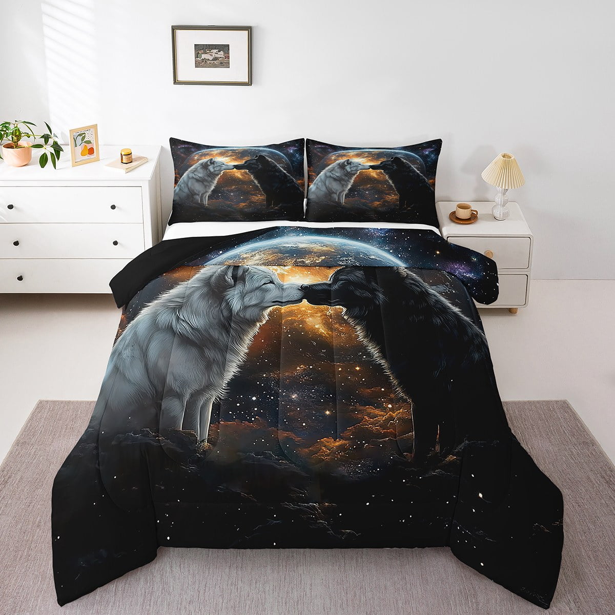 Wolves Comforter Set Full Size 3 Pcs,Mystic Universe Starry Glitter ...