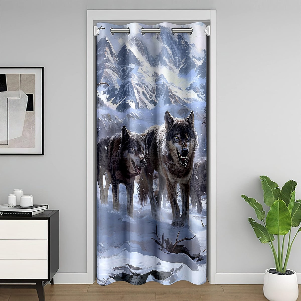 Wolves Door Cover Curtain, Winter Snowy Land Mount Pine Trees View ...