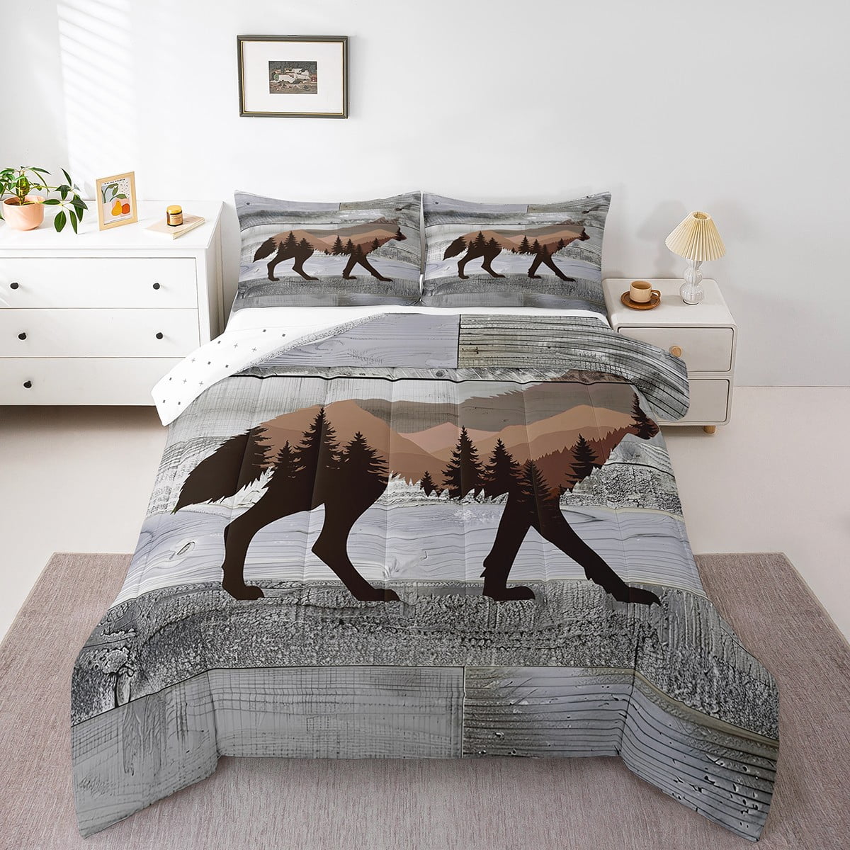 Wolves Hunting Full Size Comforter Set, Safari Wooden Plank Wolf Soft ...