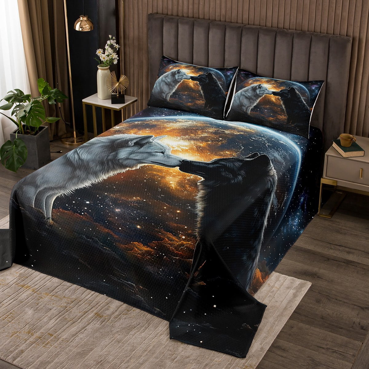 Wolves King Coverlet Set Mystic Universe Starry Glitter Planet Quilted ...