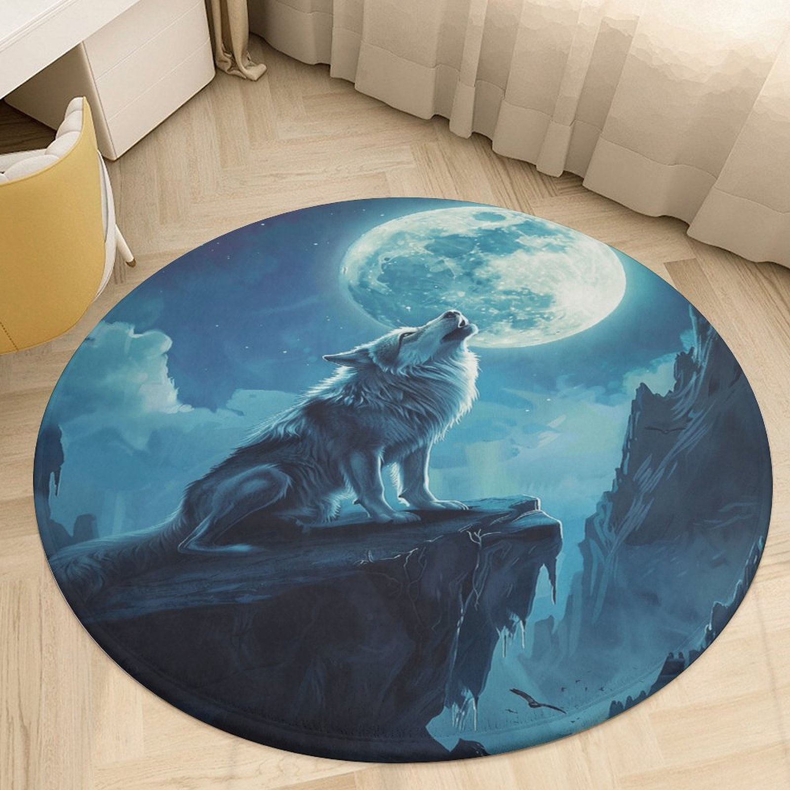 Wolves in The Moonlight Round Rugs -Washable Non-Slip Small Round Area ...