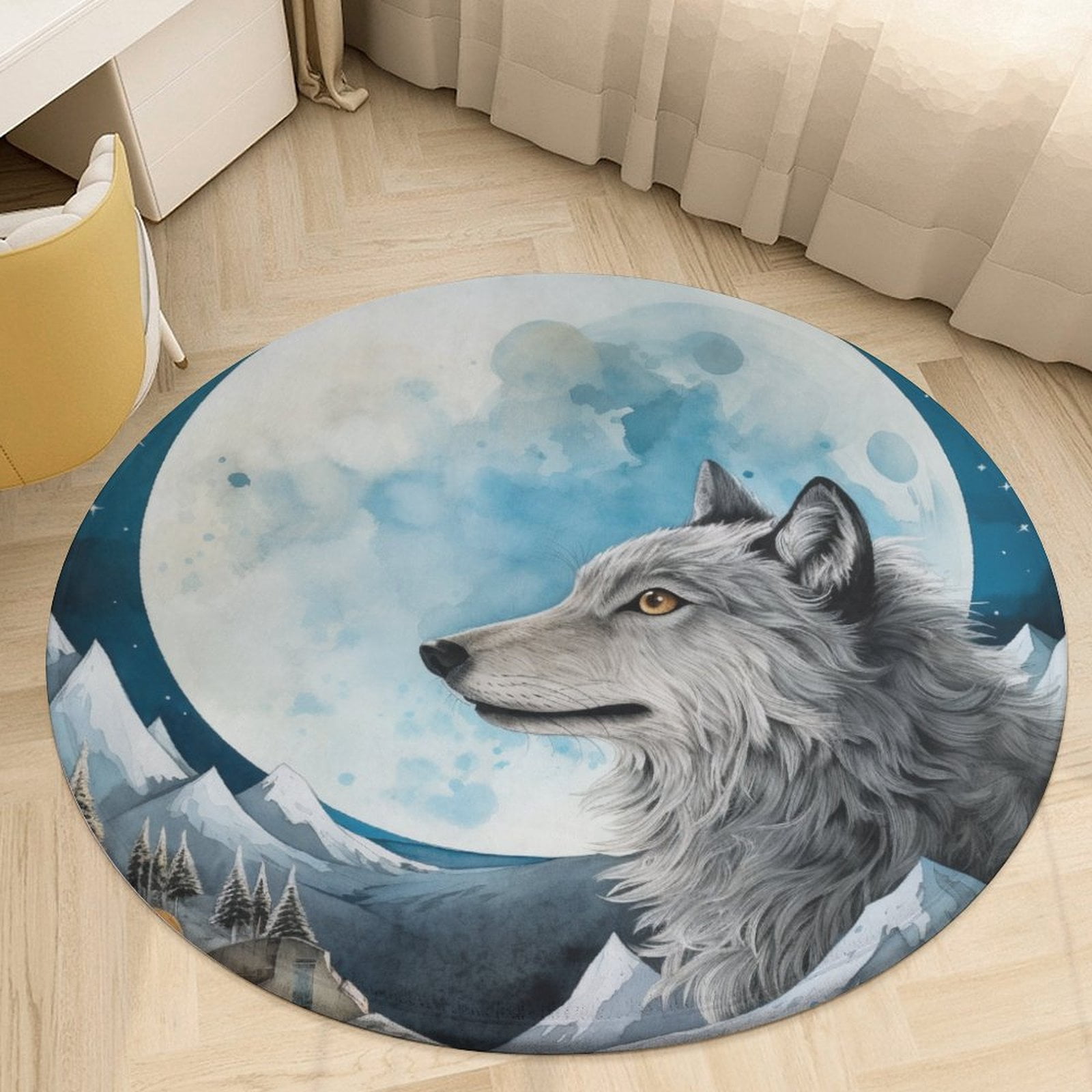 Wolves in The Moonlight Round Rugs -Washable Non-Slip Small Round Area ...