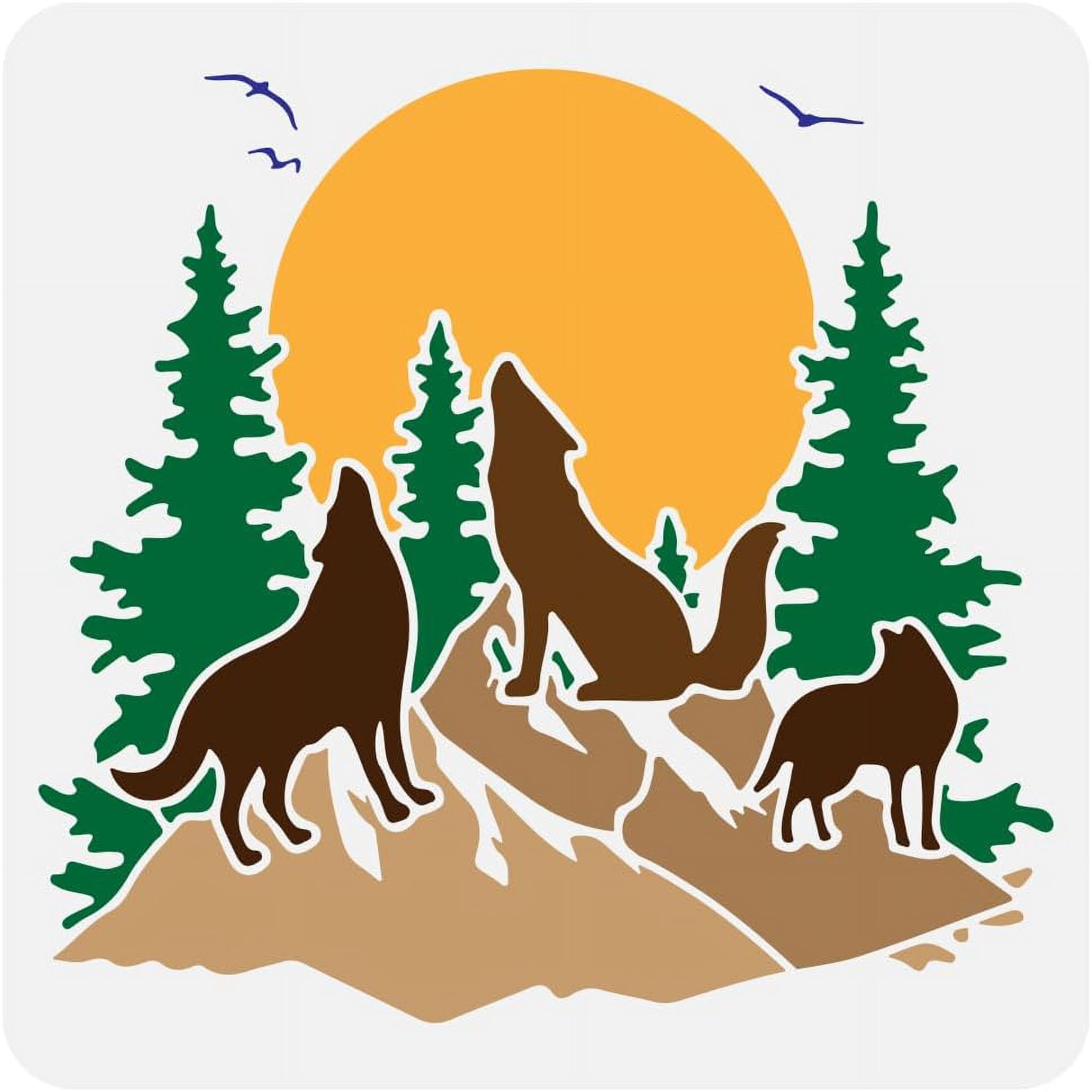 Wolves Stencil for Painting 11.8x11.8 inch Reusable Hills Woods Trees ...