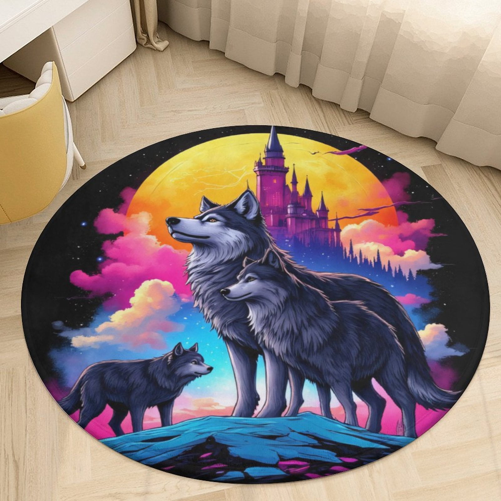Wolves at Moonlit Castle Round Area Rugs for Bedroom Living Room, 6FT ...