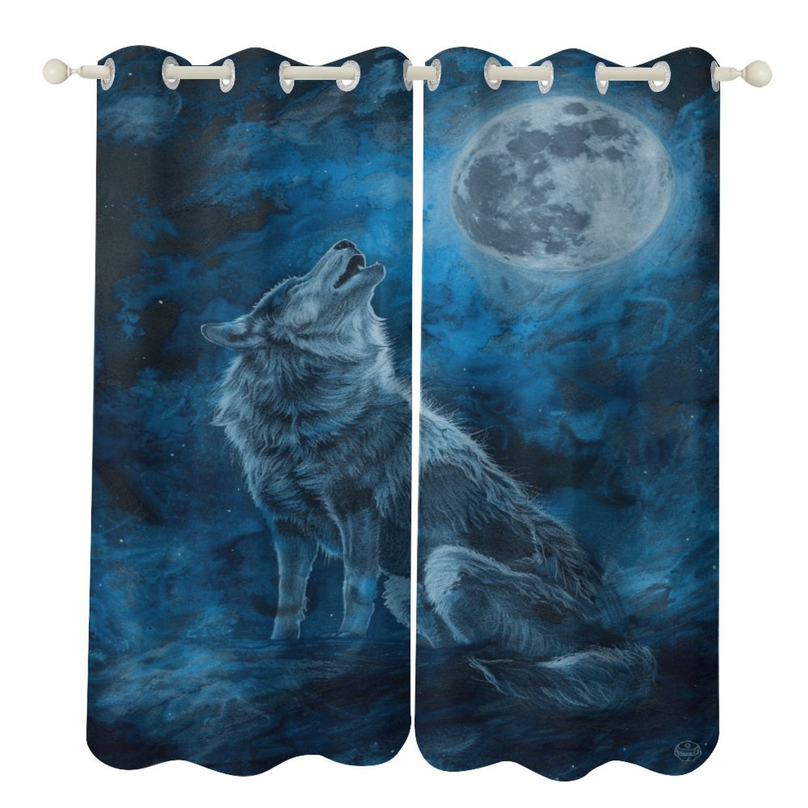 Wolves in The Moonlight 2 Panel Curtain Set, Watercolor Painting Window ...