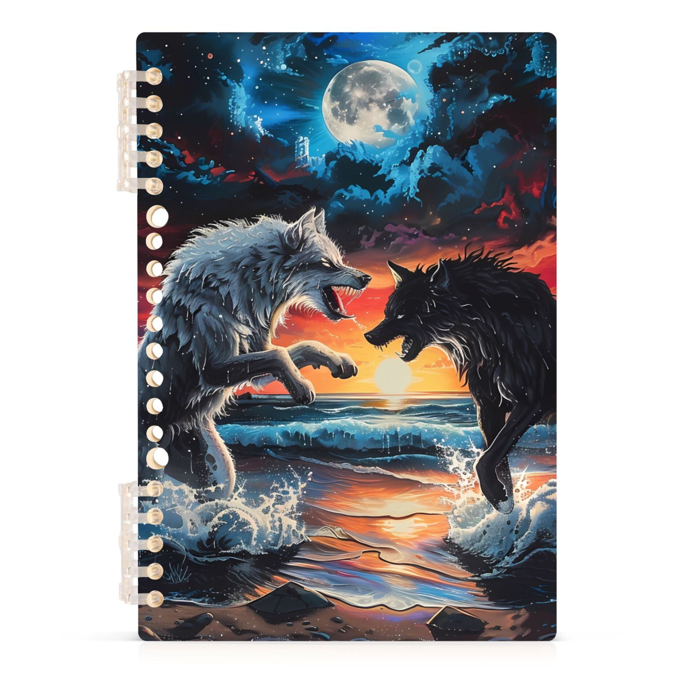 Wolves with Moon and Beach Spiral Journal Notebook College Ruled ...