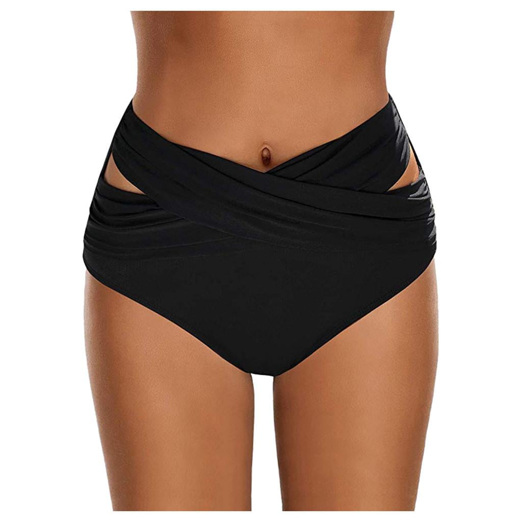 Womail Women Solid Color High Waist Ruched Bikini Bottoms Tummy Control