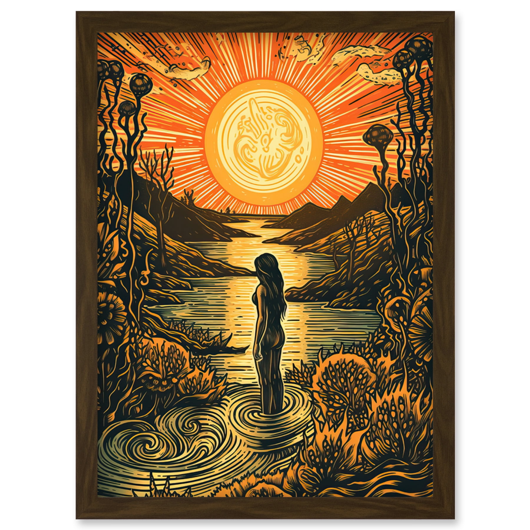 Woman Bathing in Creek at Sunset Modern Linocut Artwork Framed Wall Art ...