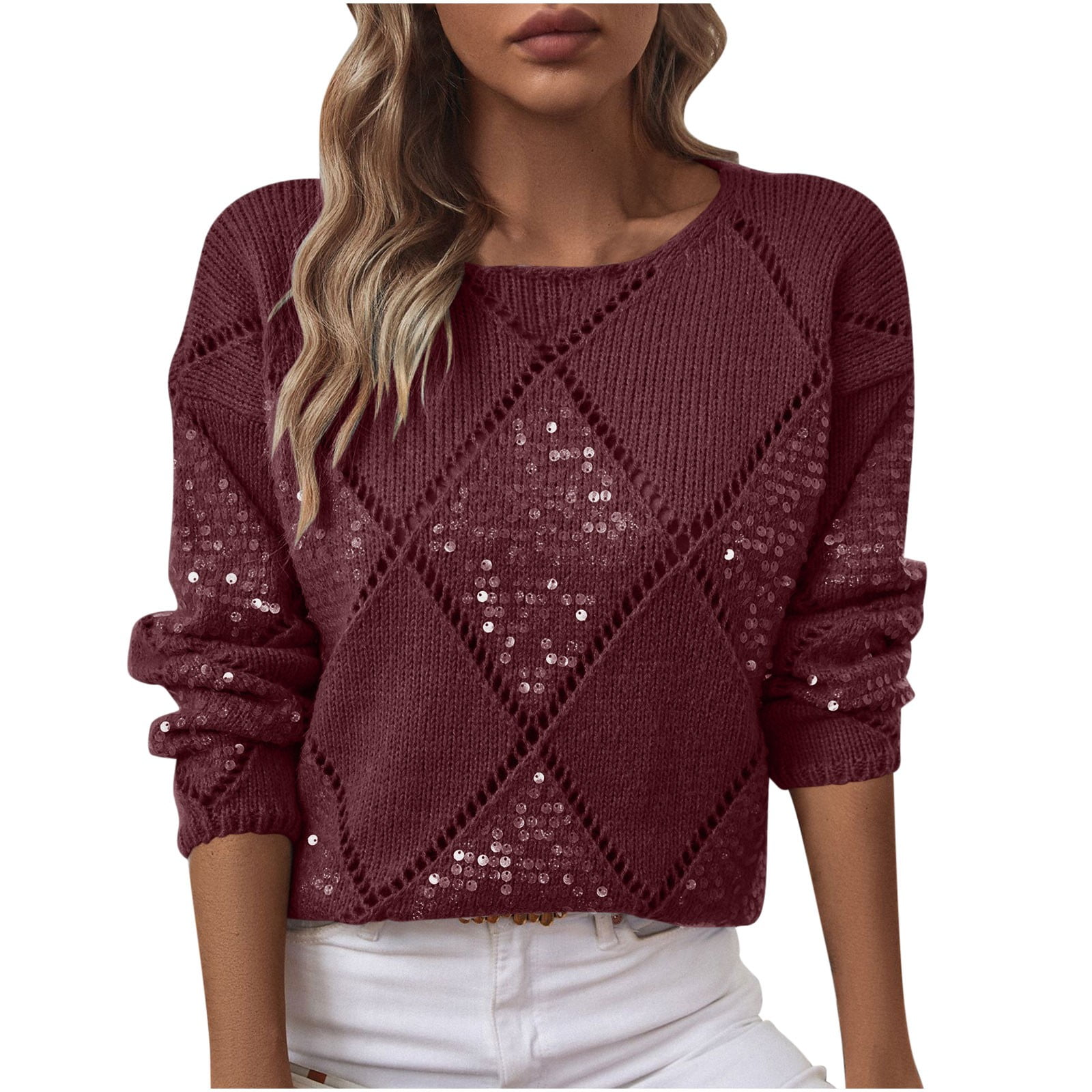 Woman Casual Sweaters Sequin Argyle Pullover Crewneck Loose Sweater Lightweight Trendy Outerwear ...