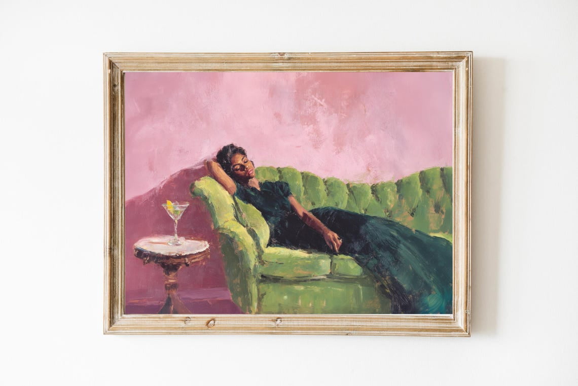 Woman On Couch With Martini Soft Tonal Oil Painting Cocktail Art Bar ...